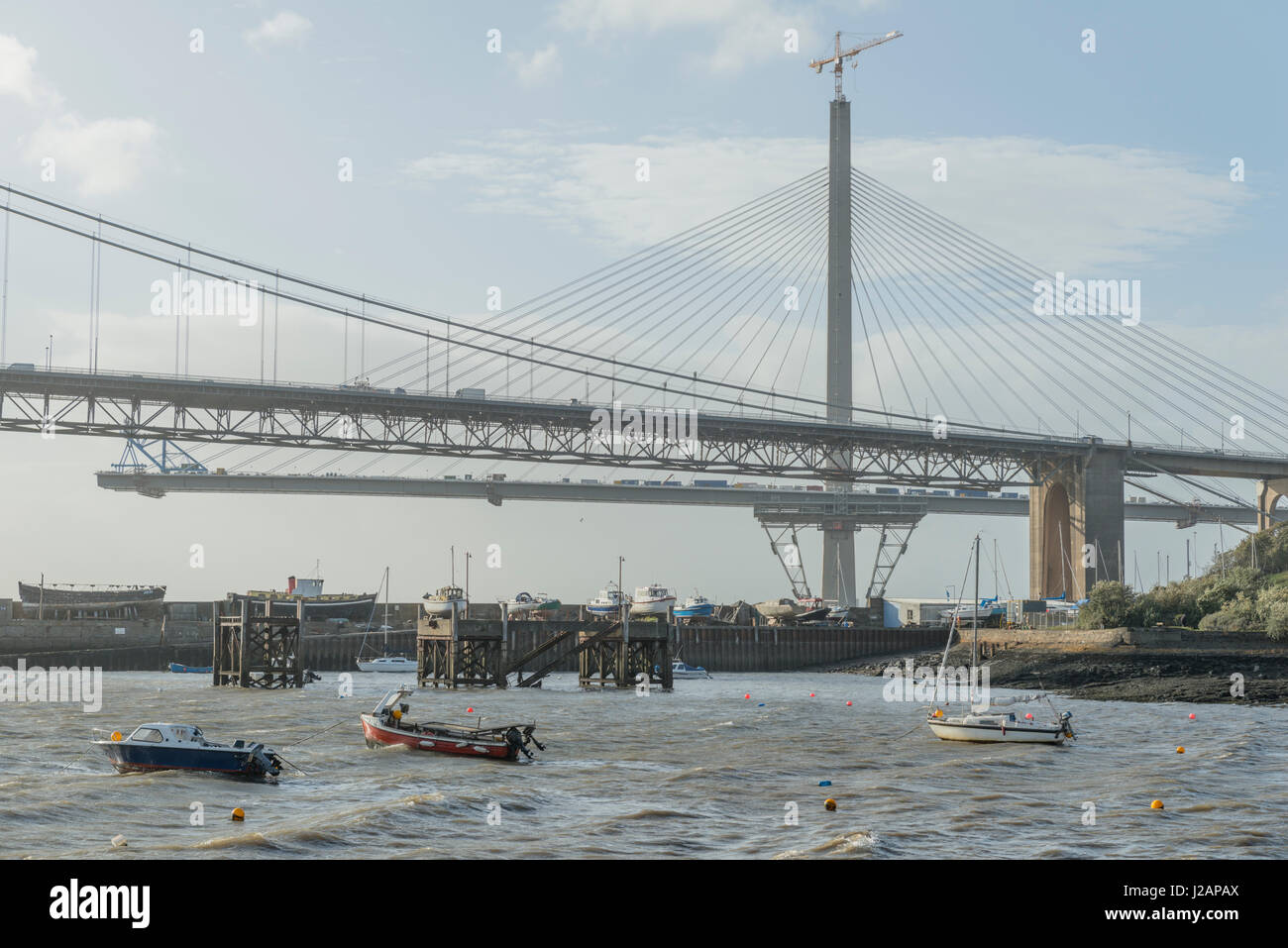 Queensferry Crossing under construction behind Forth Road Bridge, North ...