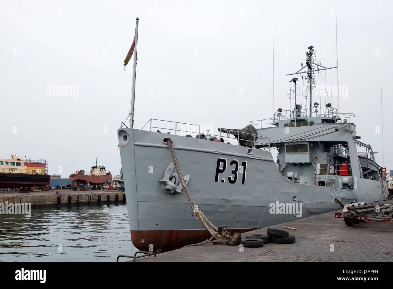 The Ghanaian Navy Balsam-class buoy tender ship GNS Bonsu moors at port ...