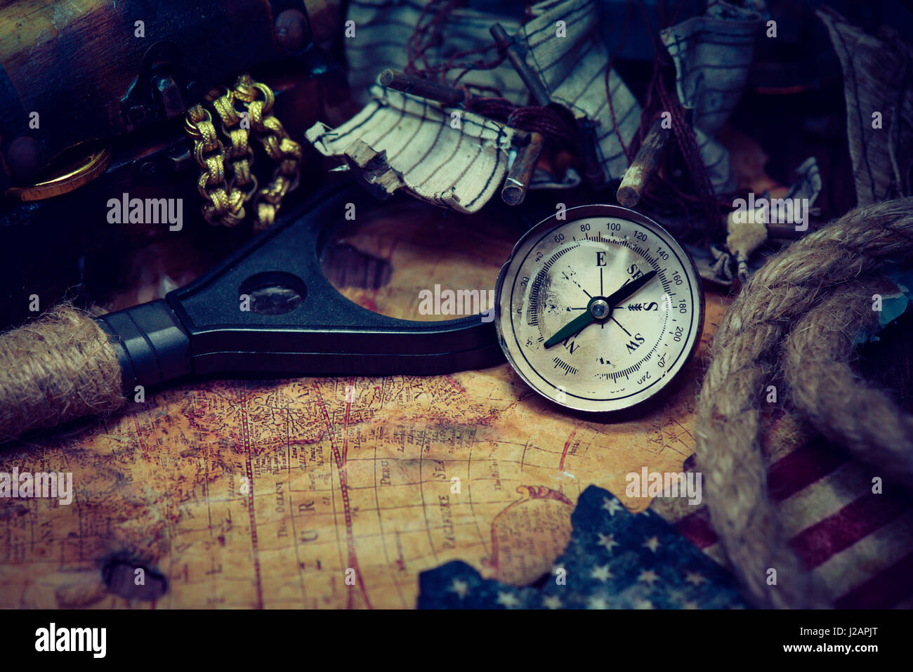 Columbus day and world map with compass Stock Photo - Alamy