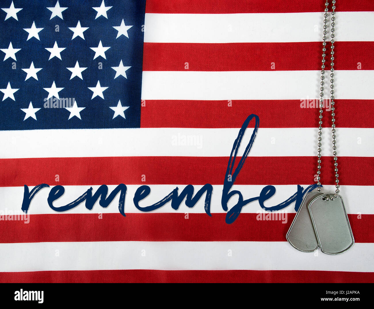 word remember and military dog tags on American flag Stock Photo - Alamy