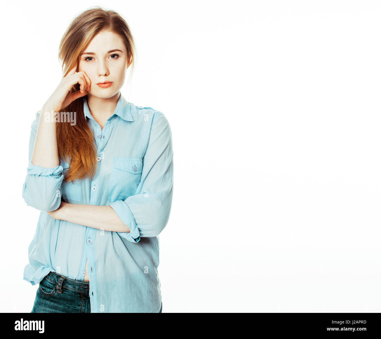 cute young pretty girl thinking on white background isolated close up ...