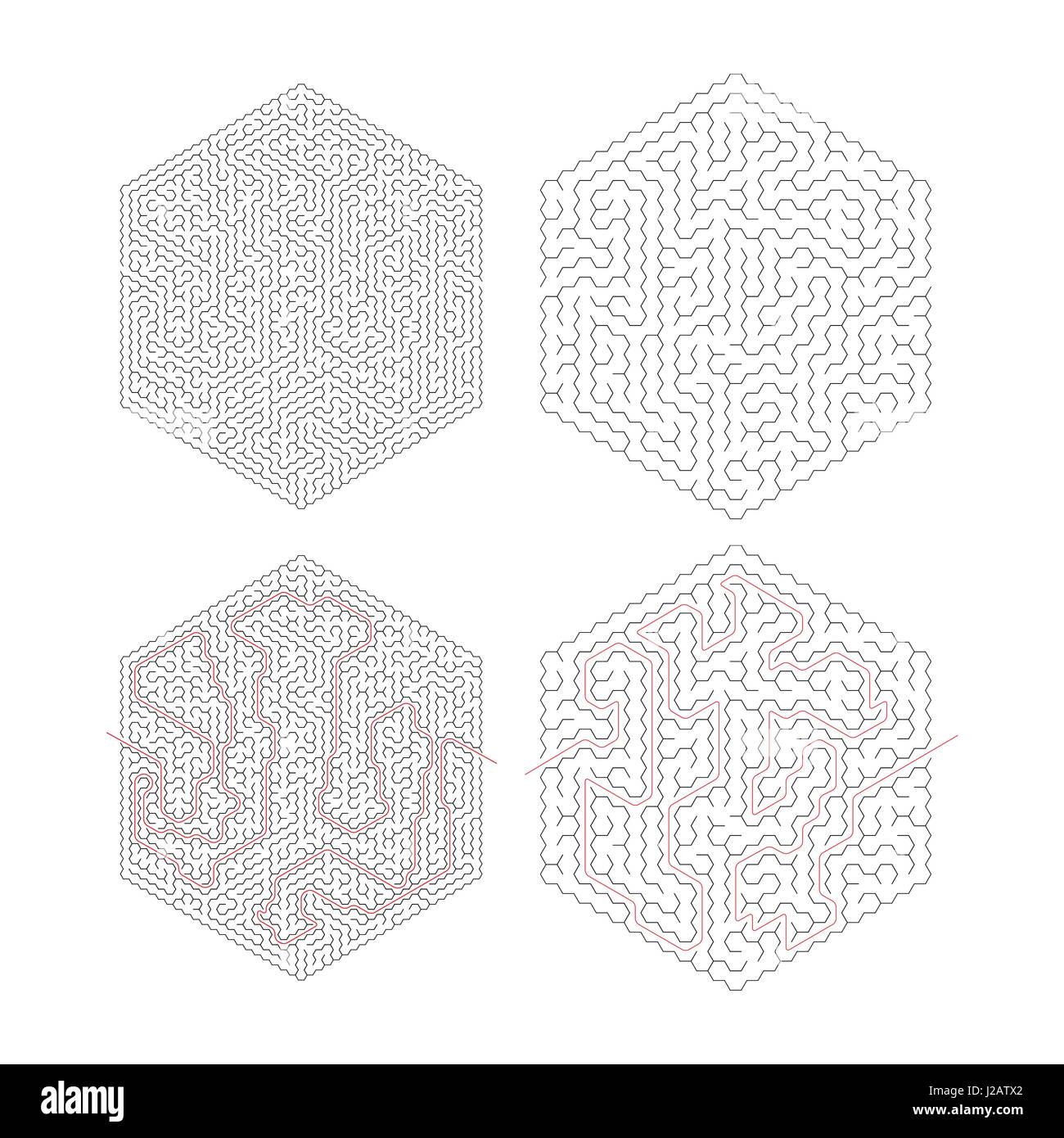 Two complicated hexagon-shape labyrinths with red path of solution ...