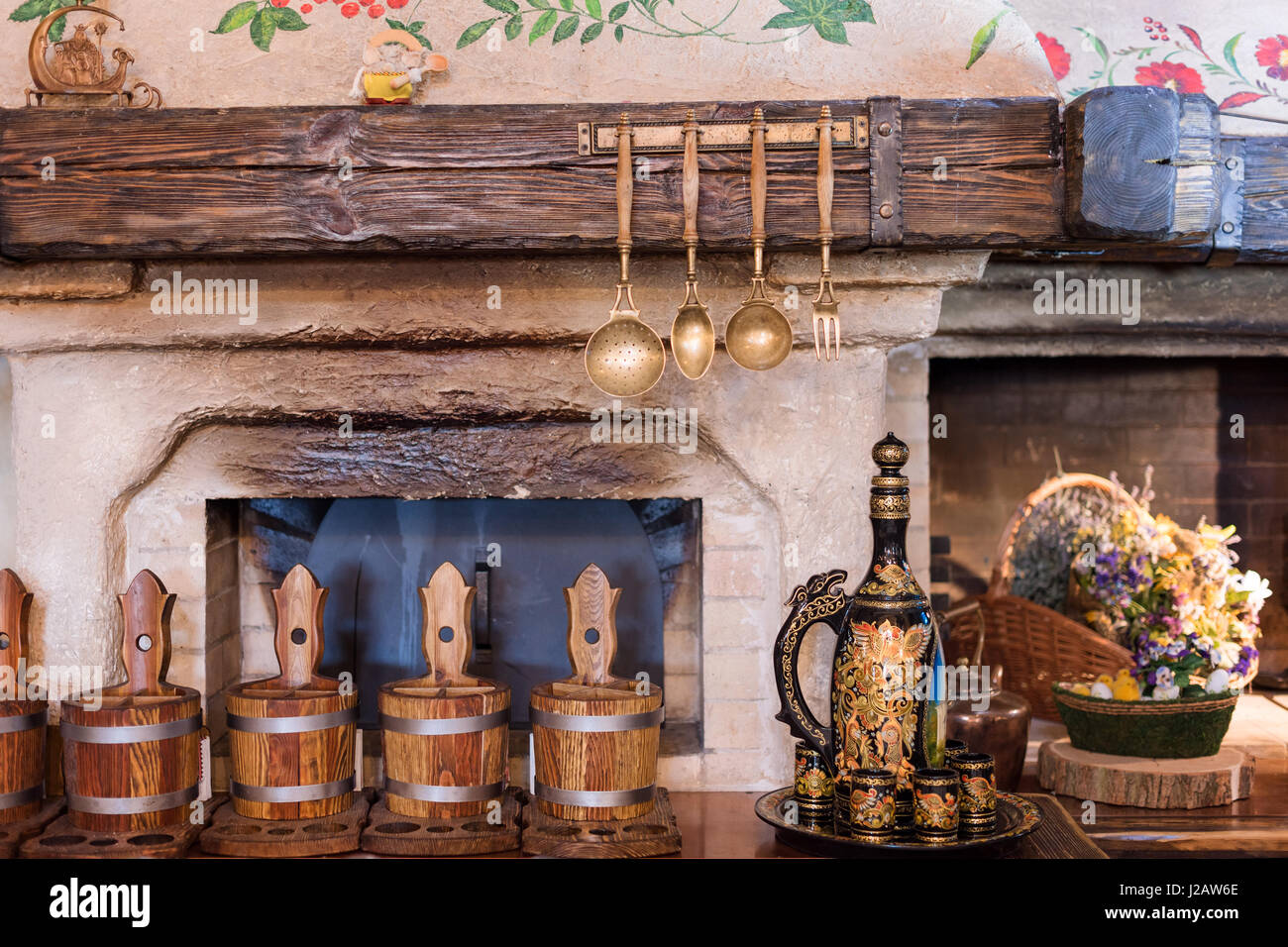 Unique ethnic restaurant interior. Traditional design. Ukrainian rural ...