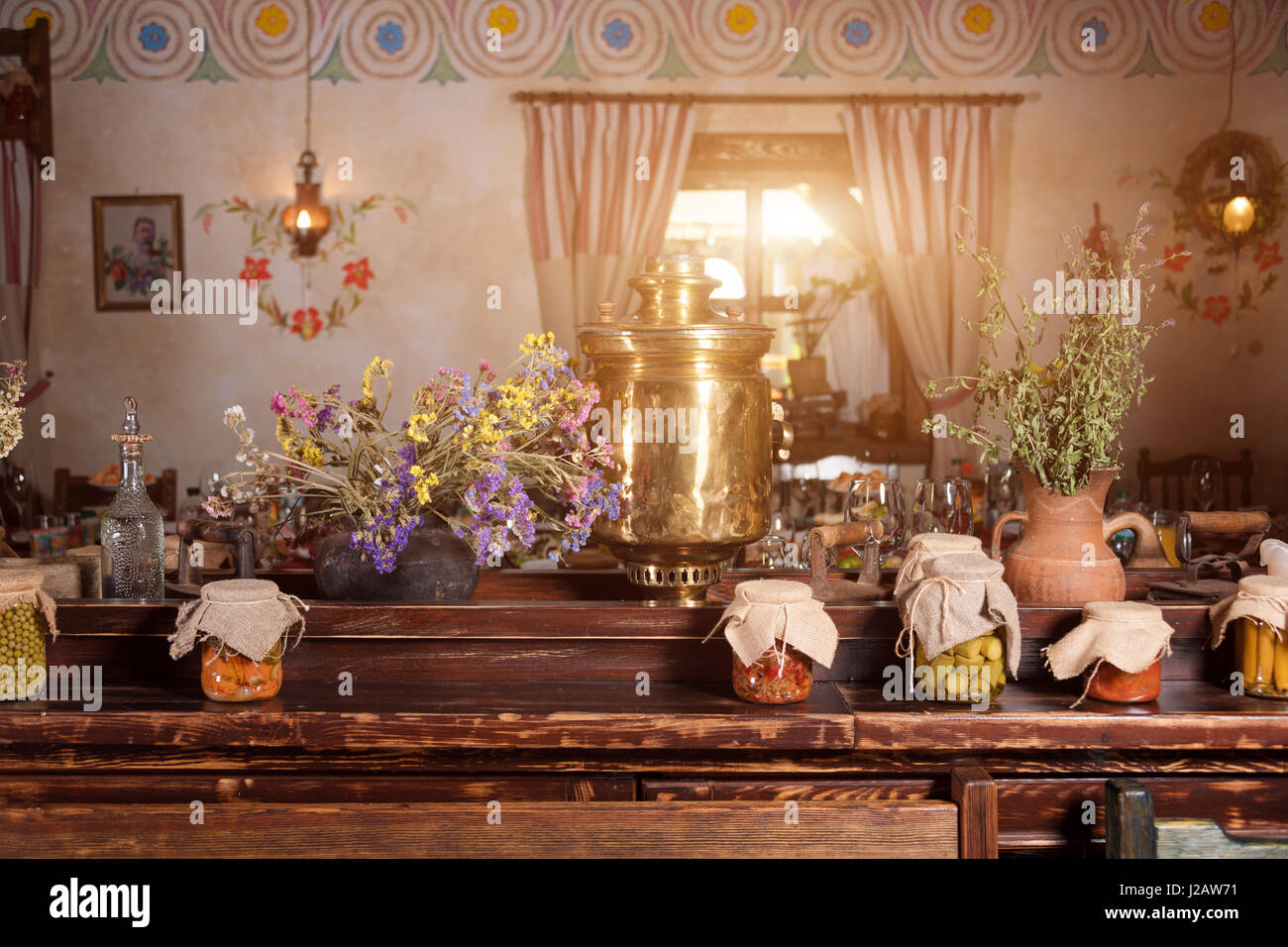 Unique ethnic restaurant interior. Traditional design. Ukrainian rural ...