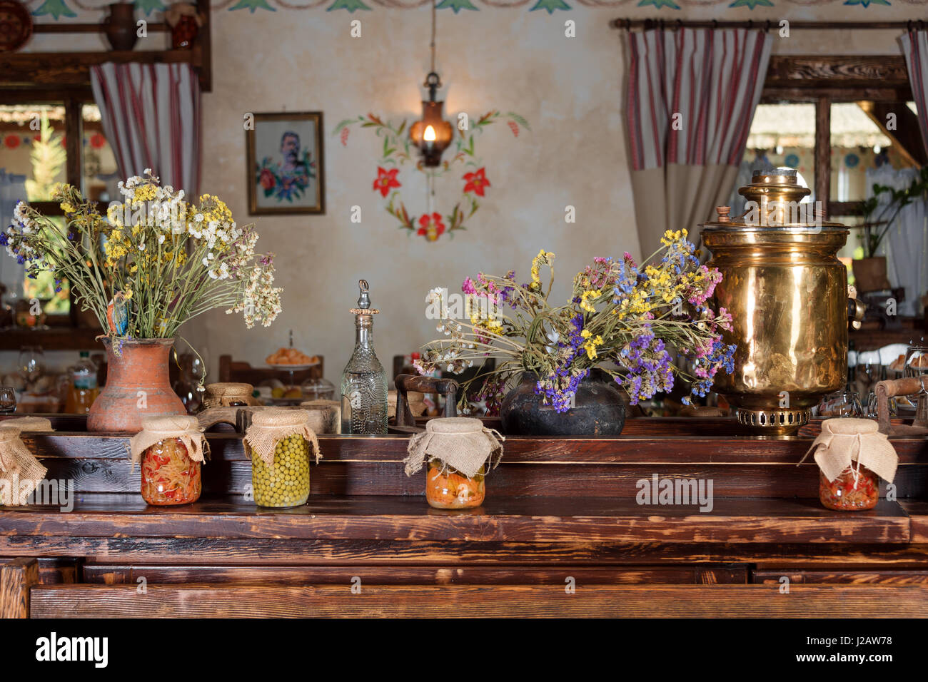 Unique ethnic restaurant interior. Traditional design. Ukrainian rural ...