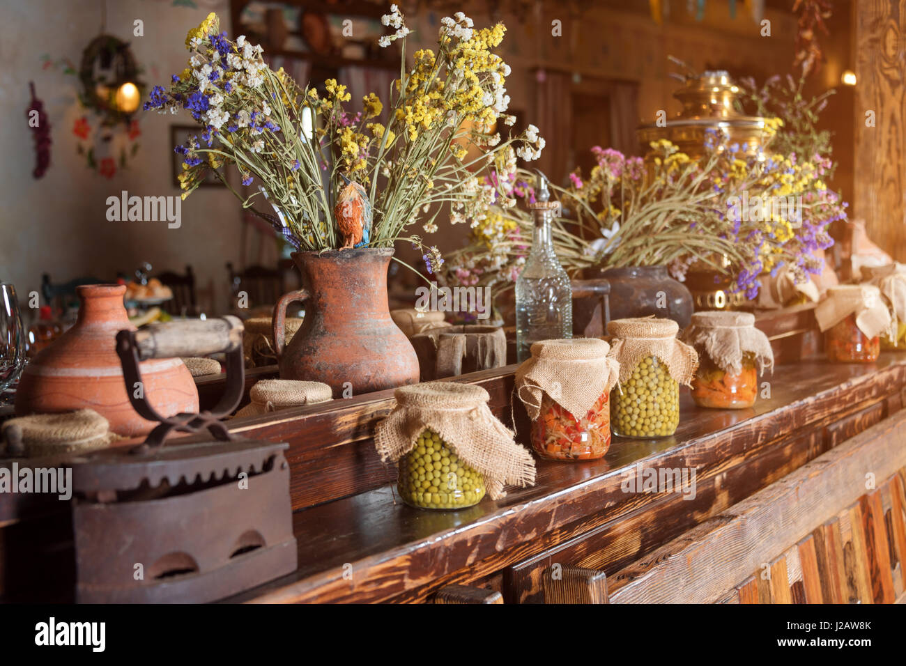 Unique ethnic restaurant interior. Traditional design. Ukrainian rural ...