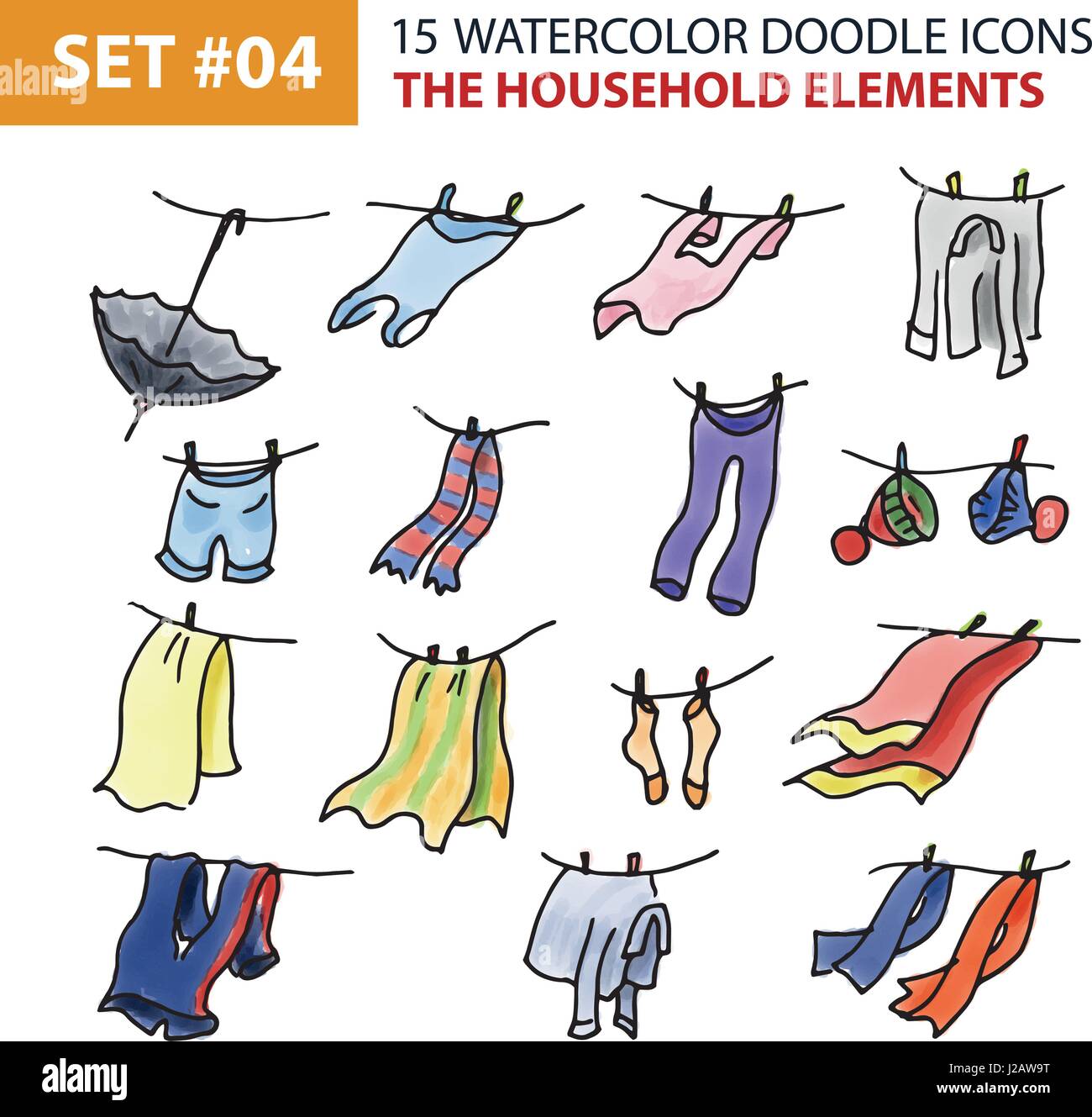 Watercolor Hand Drawing Icons Set - The Household Elements Stock Vector ...