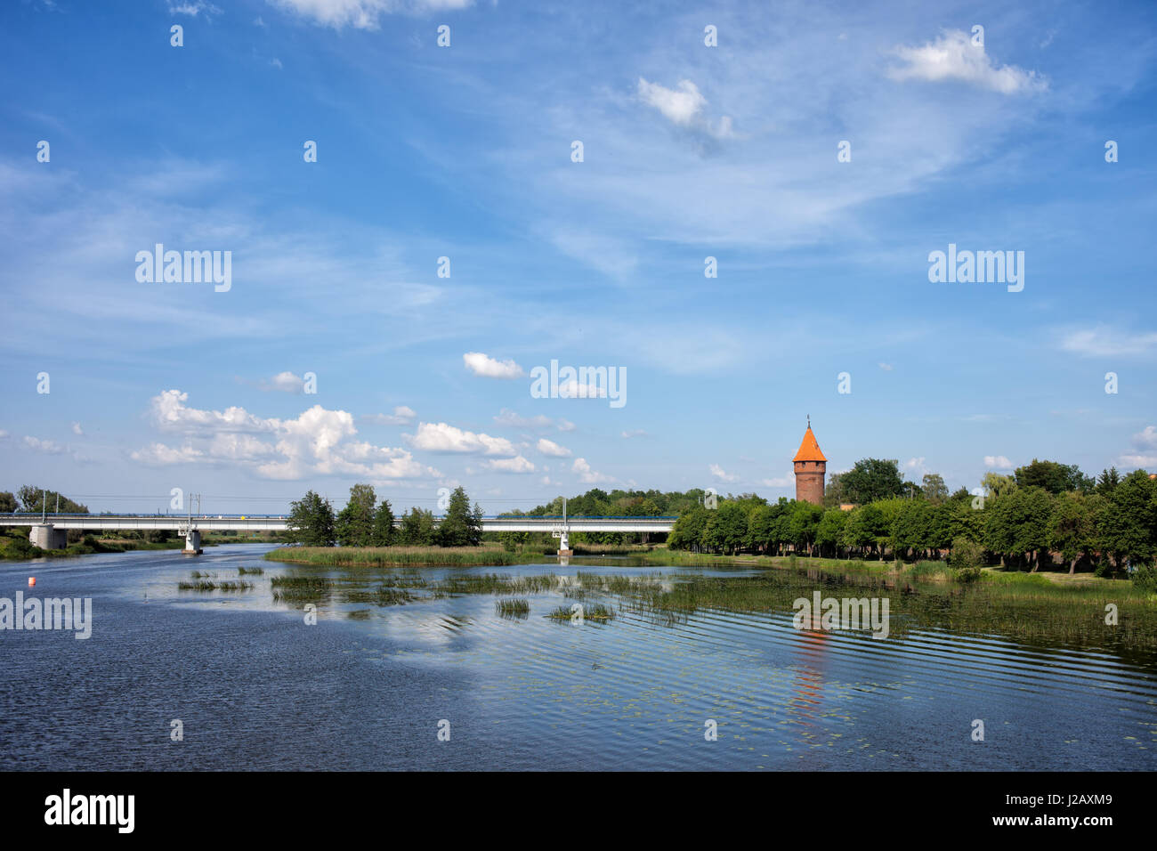 Nogat River with railway bridge in Malbork, Pomerania, Poland Stock ...