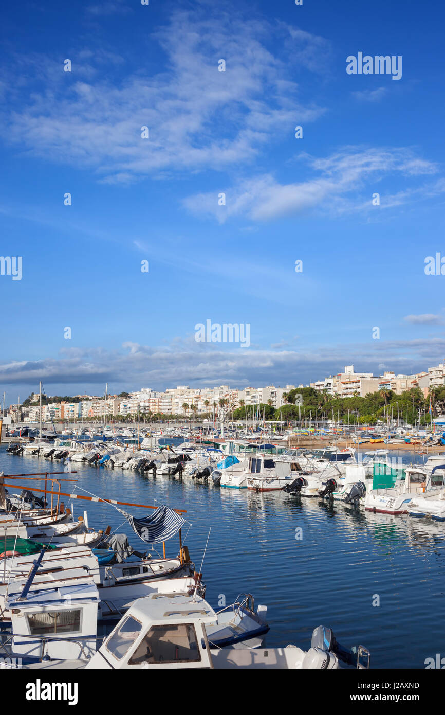 Port in Blanes town in Spain, motorboats, boats in harbour on ...