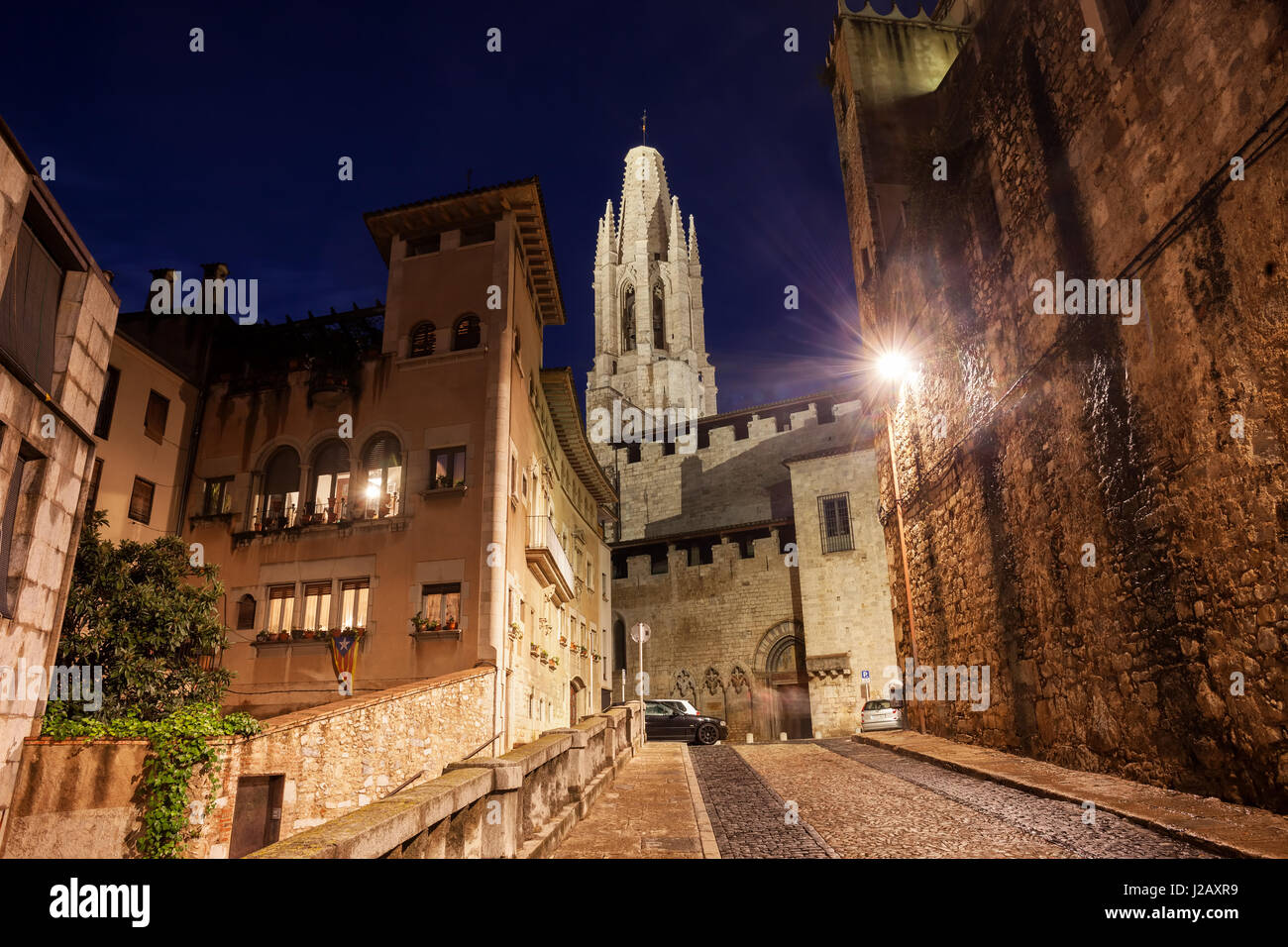 Girona city by night, Old Town, Barri Vell - Old Quarter, Catalonia ...