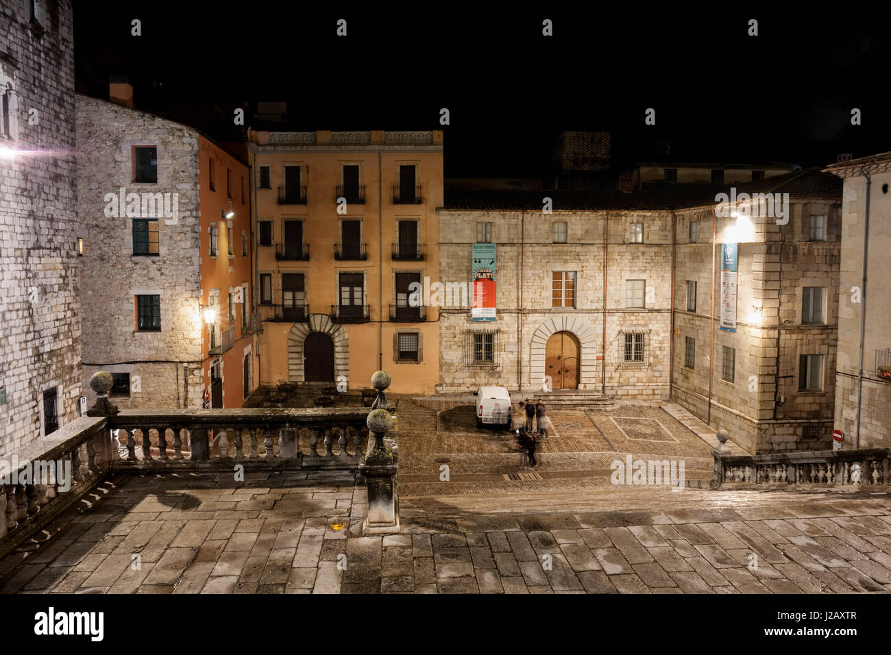 Old Town of Girona at night in Catalonia, Spain, staircase and ...