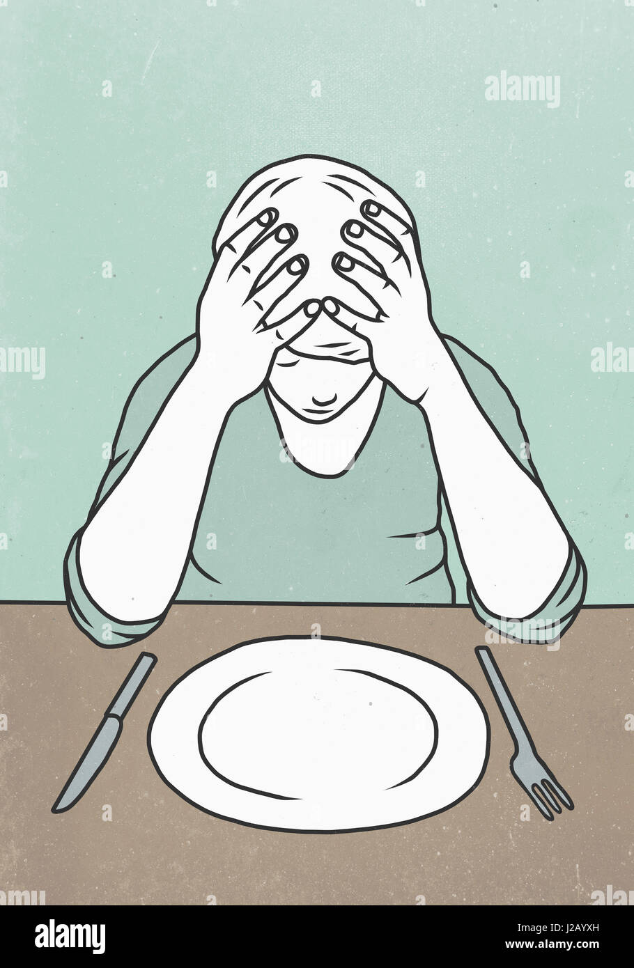 Illustration of man sitting with head in hands at dining table Stock ...