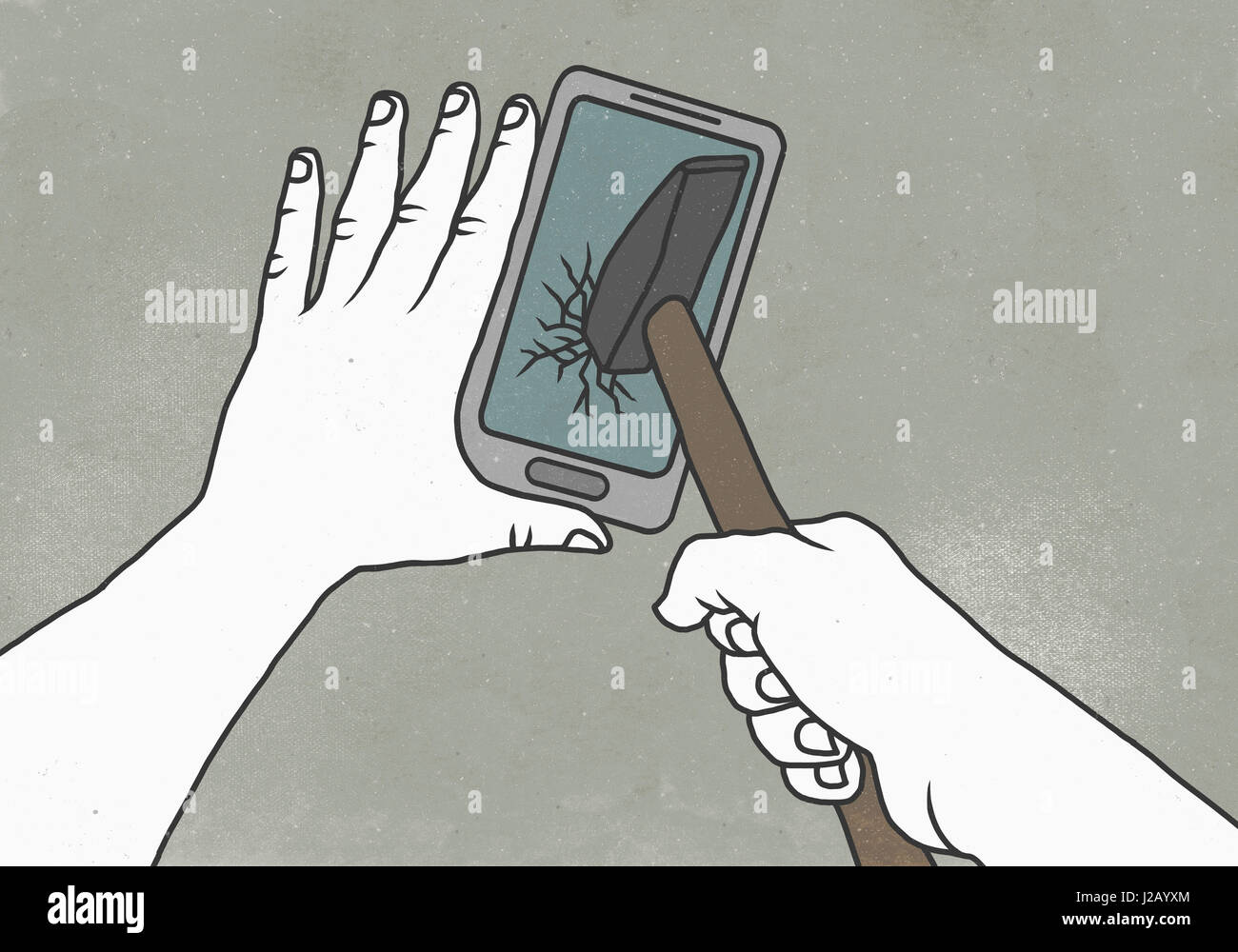 Illustration of cropped image of person breaking smart phone with ...