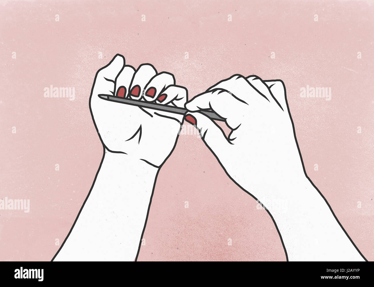 Cropped image of woman filing her fingernails against colored ...