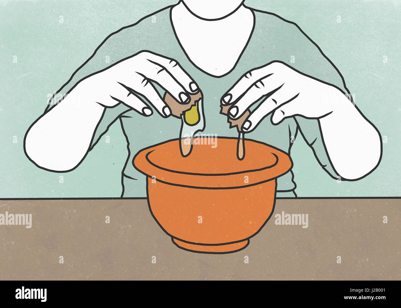 Midsection of person cracking egg into bowl against colored background ...