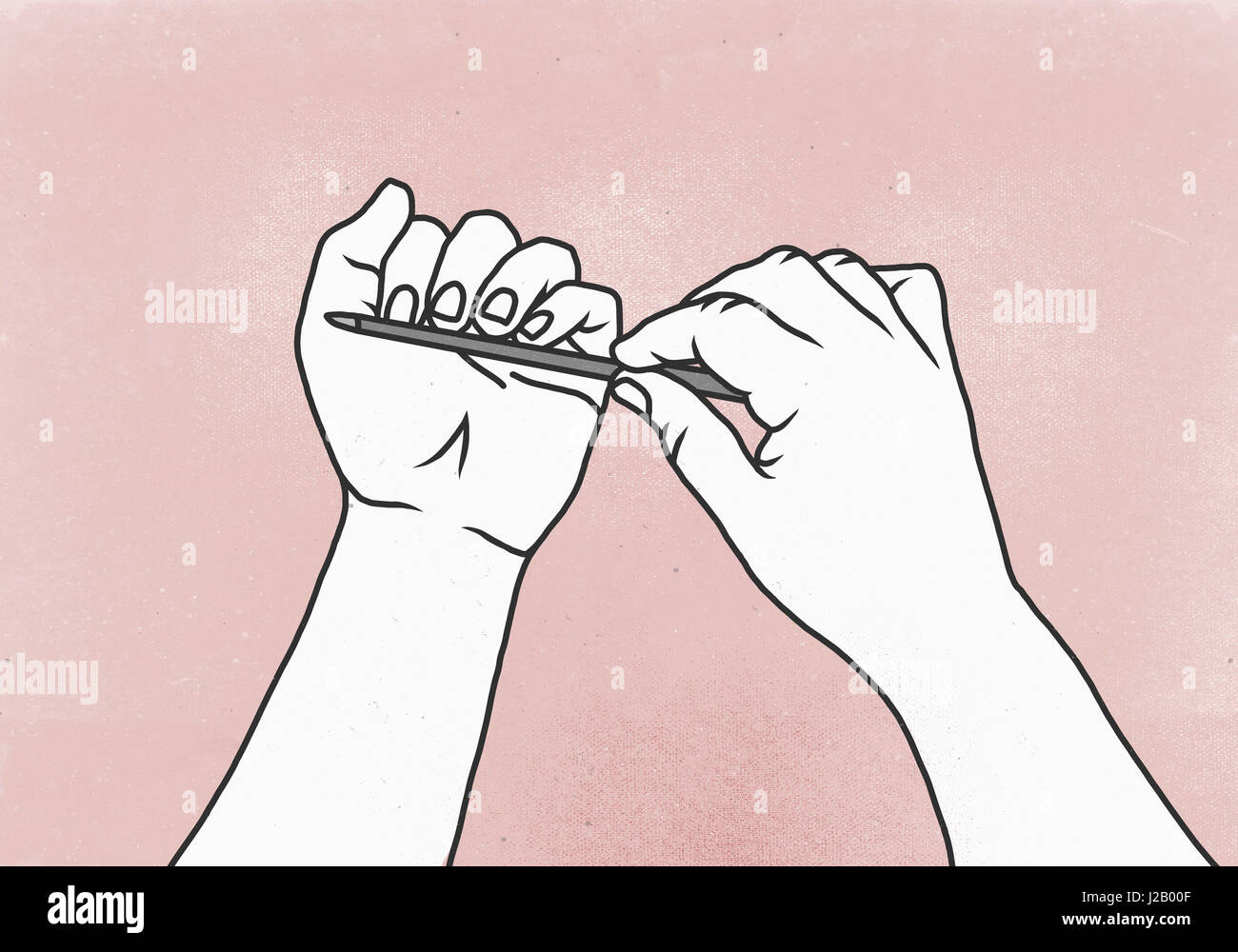 Illustration of woman filing her fingernails against colored background ...