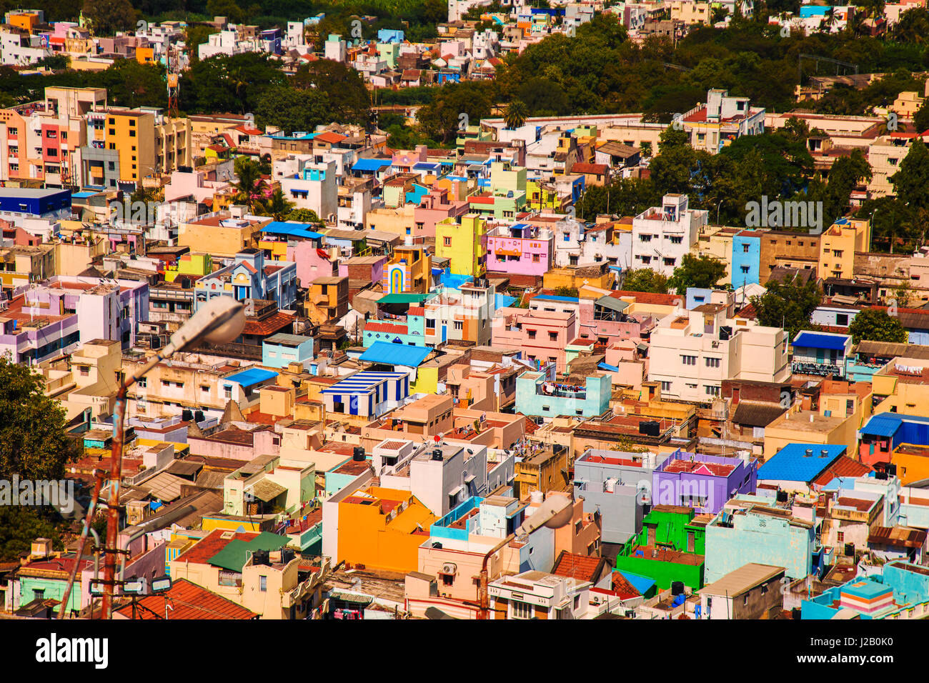 Colored traditional houses in Trichy, South India. Top view Stock Photo ...