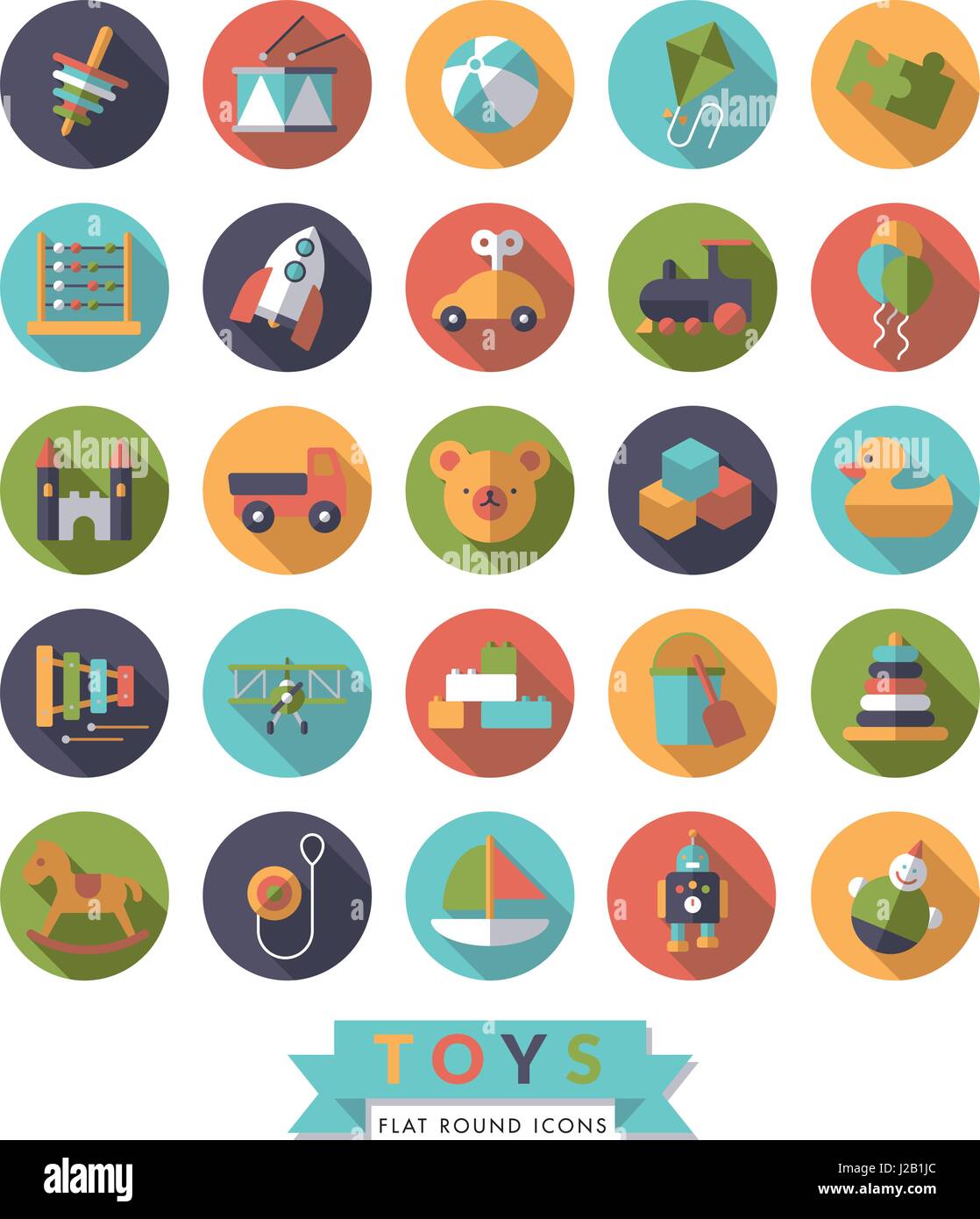 Set of 25 round flat design long shadow childrens toys icons Stock ...