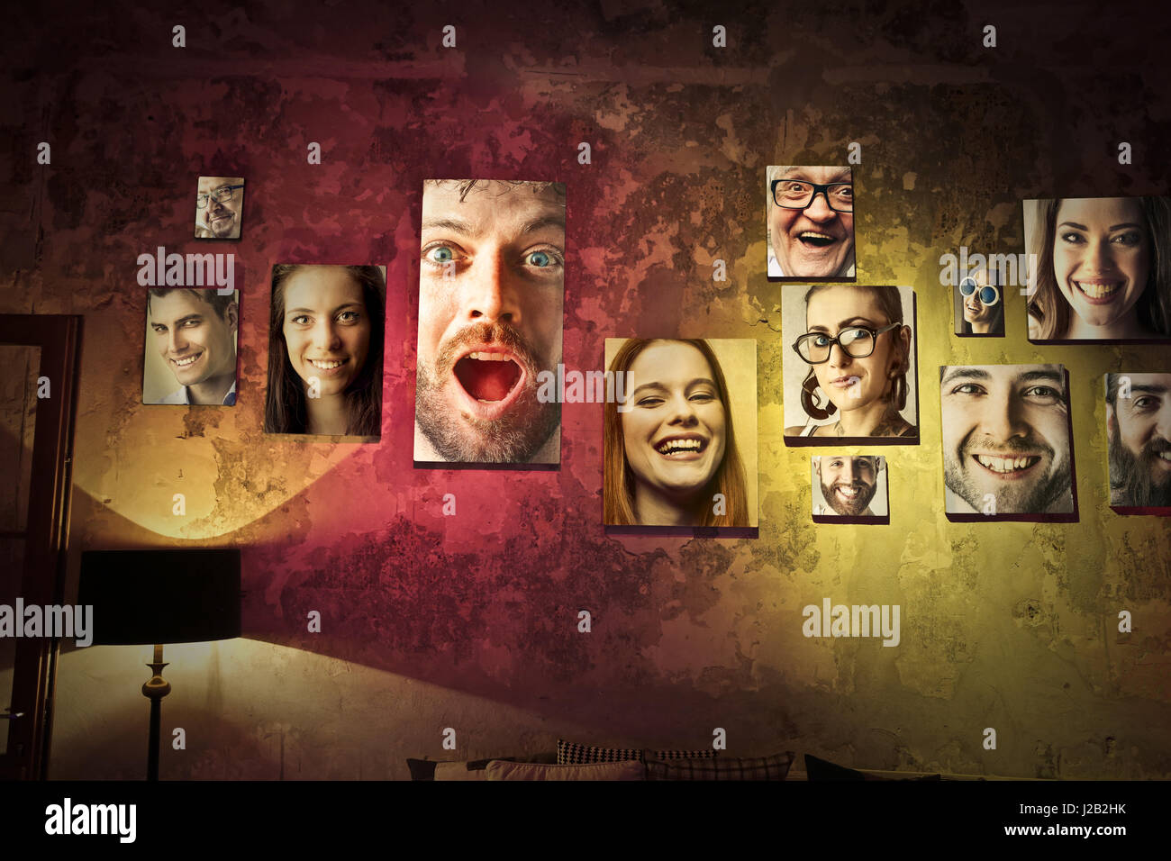 Wall full of photos of people portrait's Stock Photo - Alamy