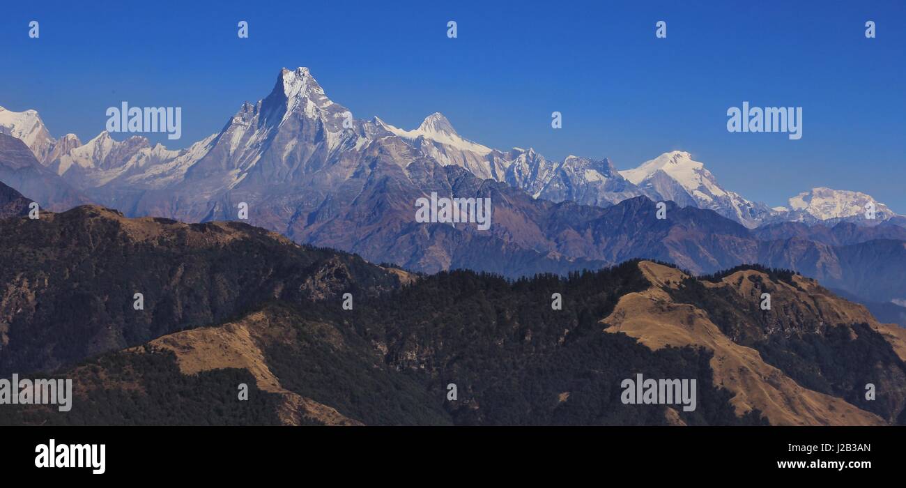 Fish tail mountain Machapuchare and other mountains of the Annapurna ...