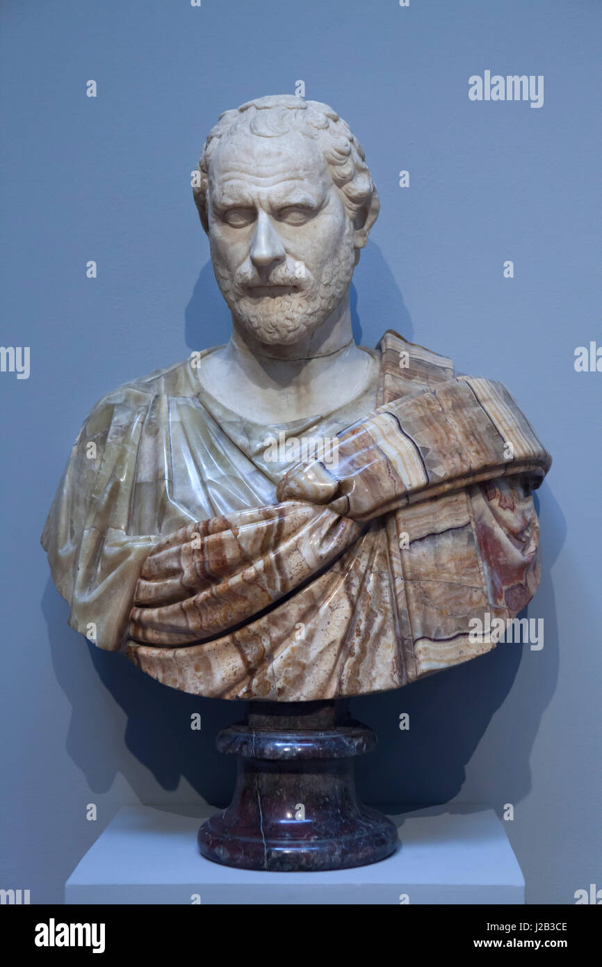 Greek statesman and orator Demosthenes (384-322 BC). Roman marble bust ...