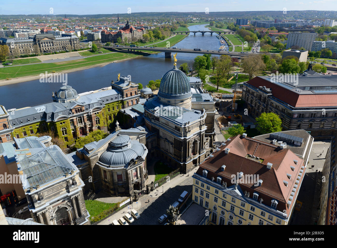 Aerial view of Dresden from the top of the reconstructed Frauenkirche ...