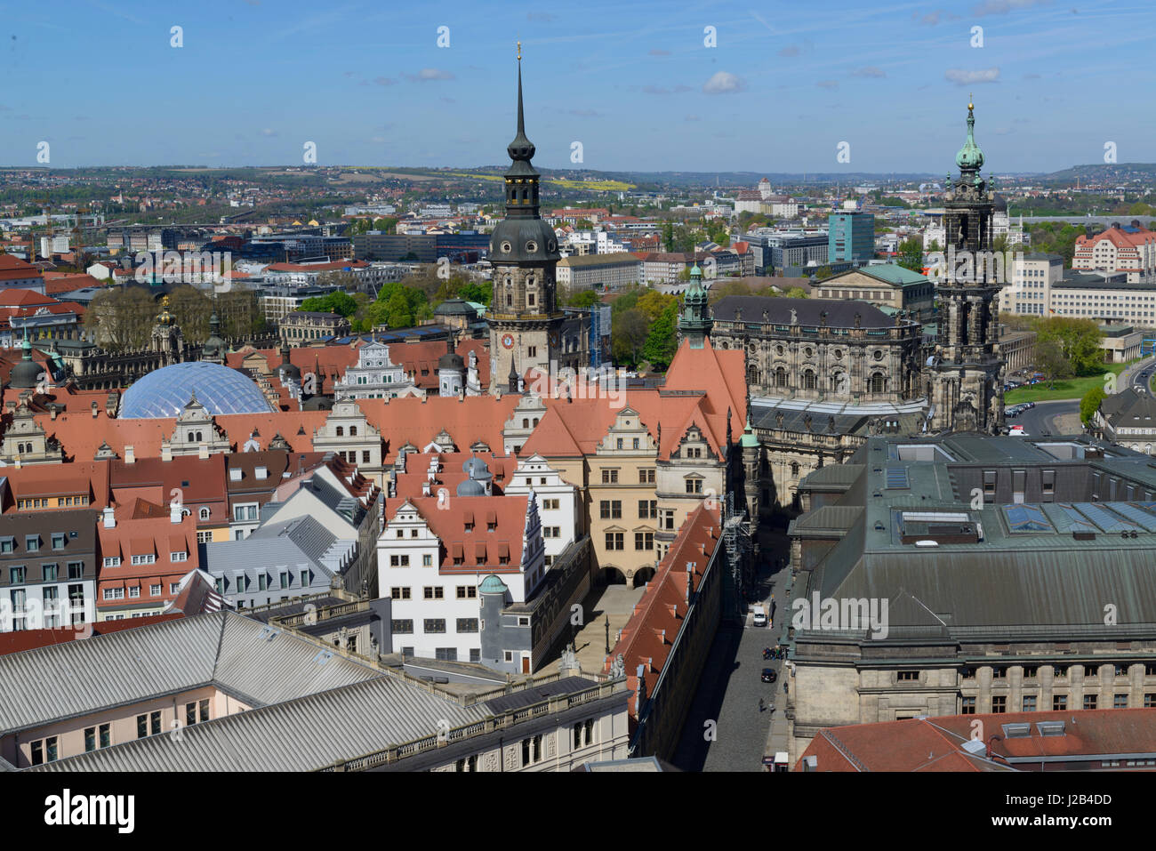 Aerial view of Dresden from the top of the reconstructed Frauenkirche ...