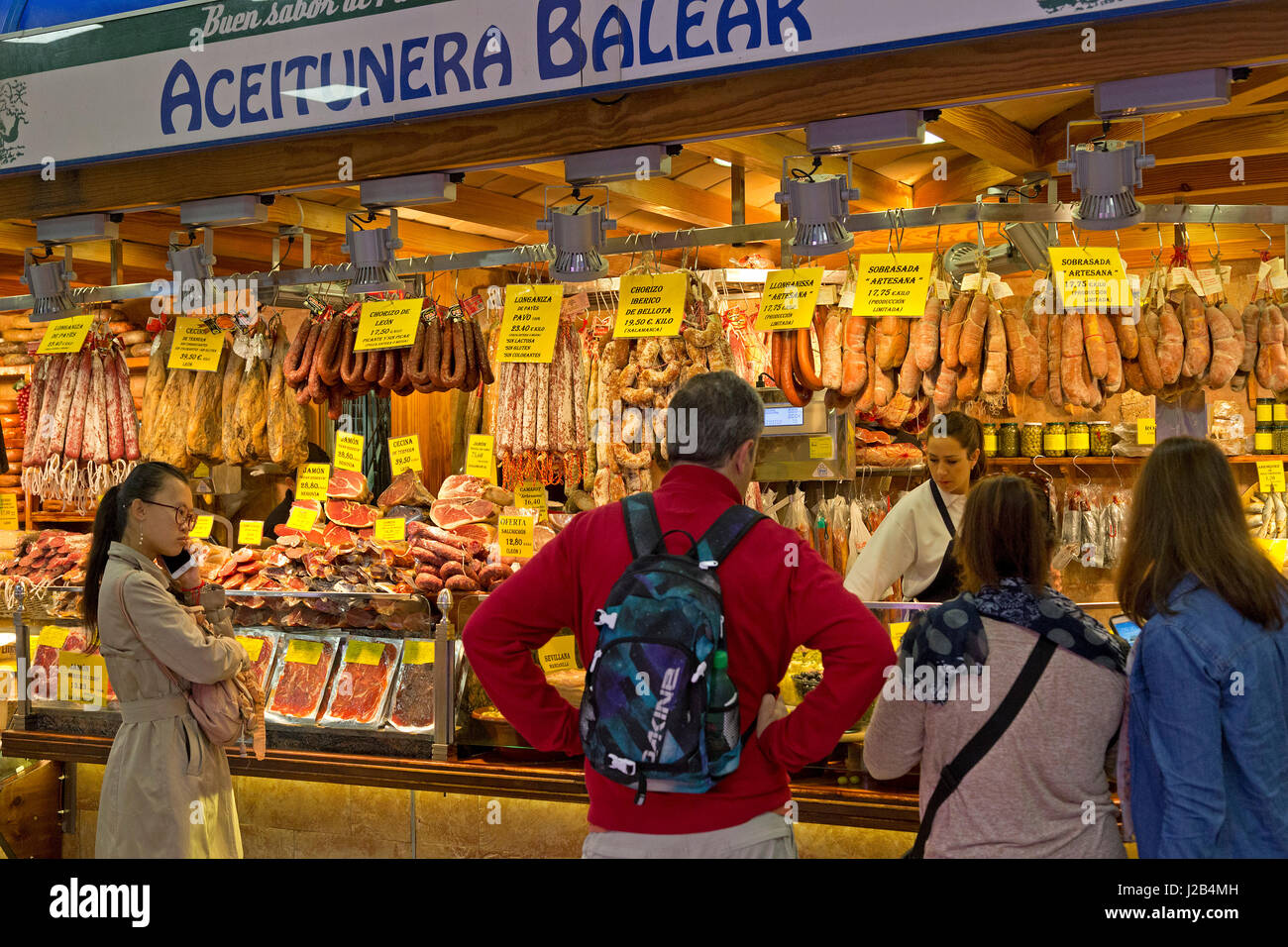 sausage stall at Mercat de l´Olivar in Palma de Mallorca, Spain Stock ...