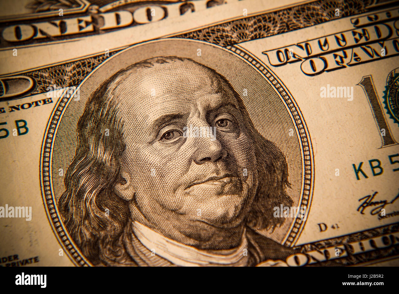 Benjamin Franklin on one hundred dollar banknote closeup Stock Photo ...