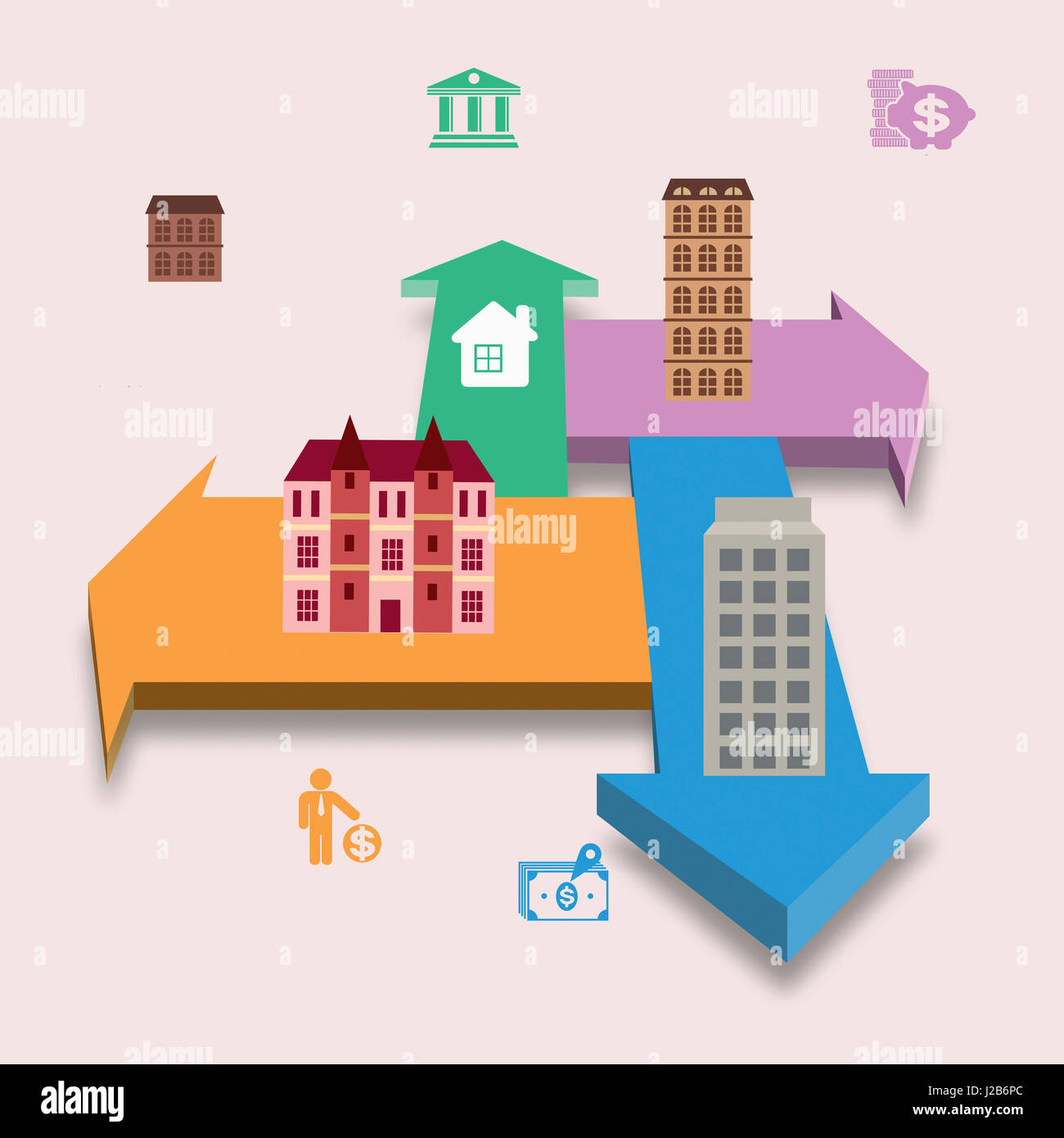 Infographic buildings on arrows Stock Photo - Alamy