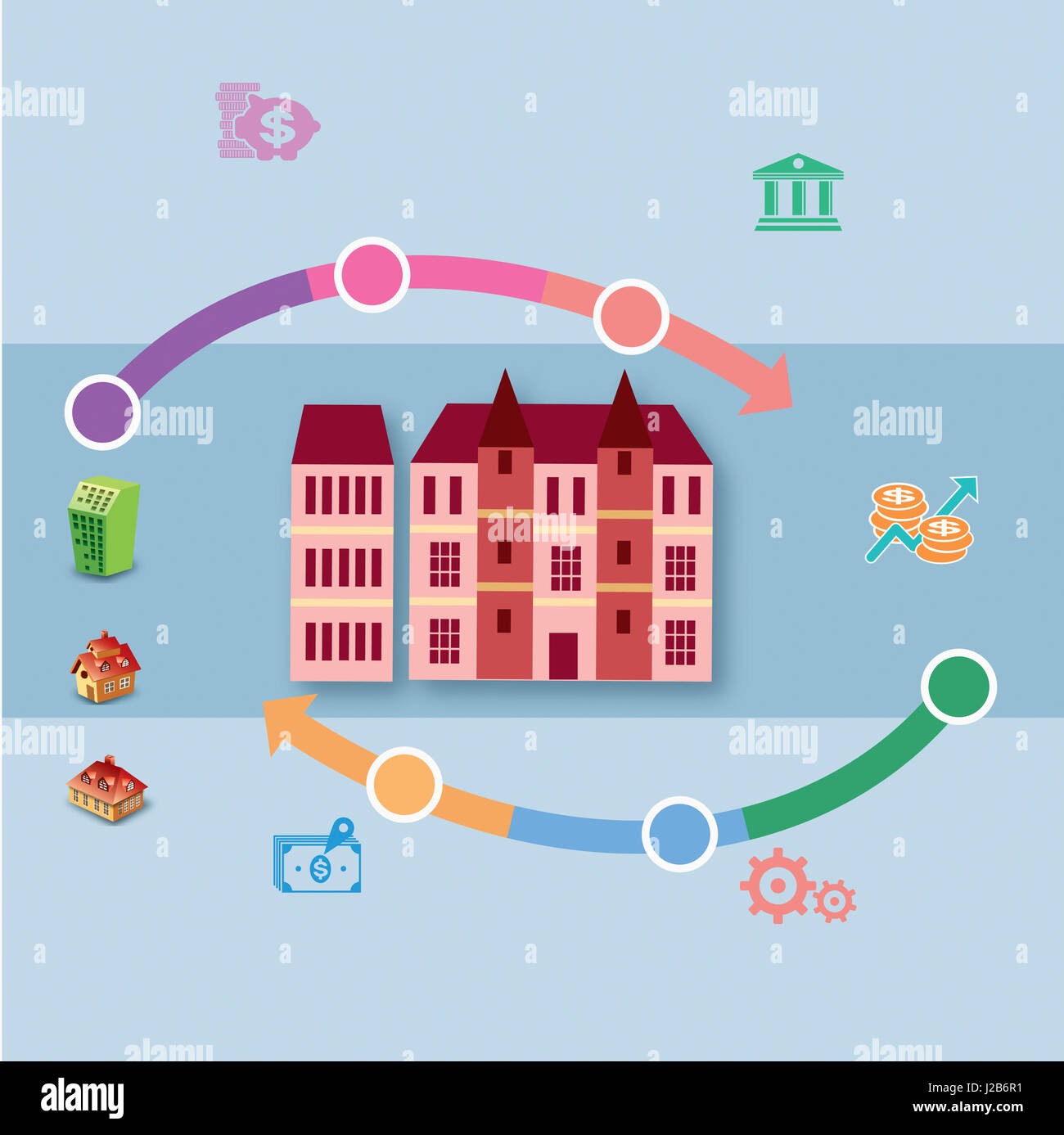 Infographic arrows and buildings Stock Photo - Alamy