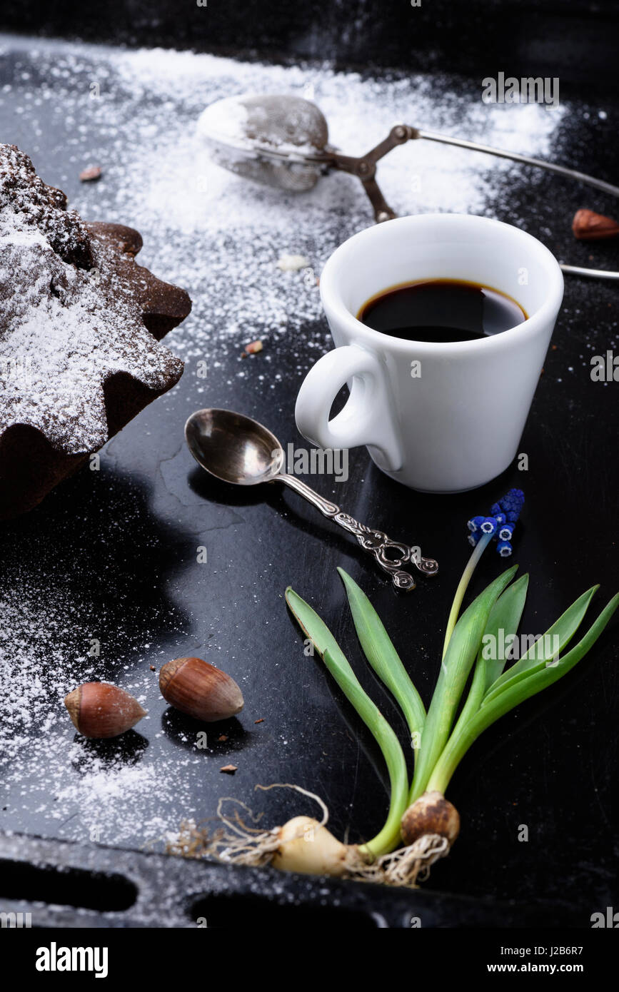 Barista black coffee, morning espresso with chocolate dessert ...