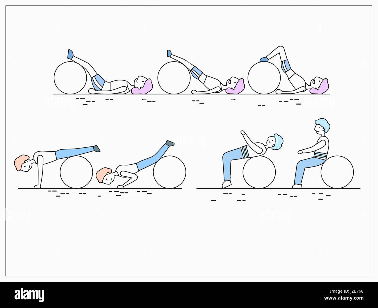 Various positions of exercising with gym ball Stock Photo - Alamy