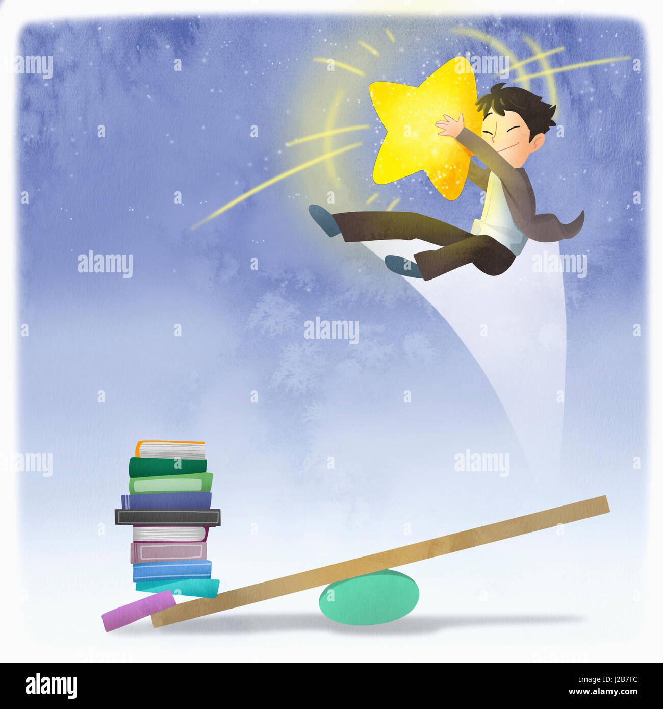 Smiling school boy with a star jumping Stock Photo - Alamy