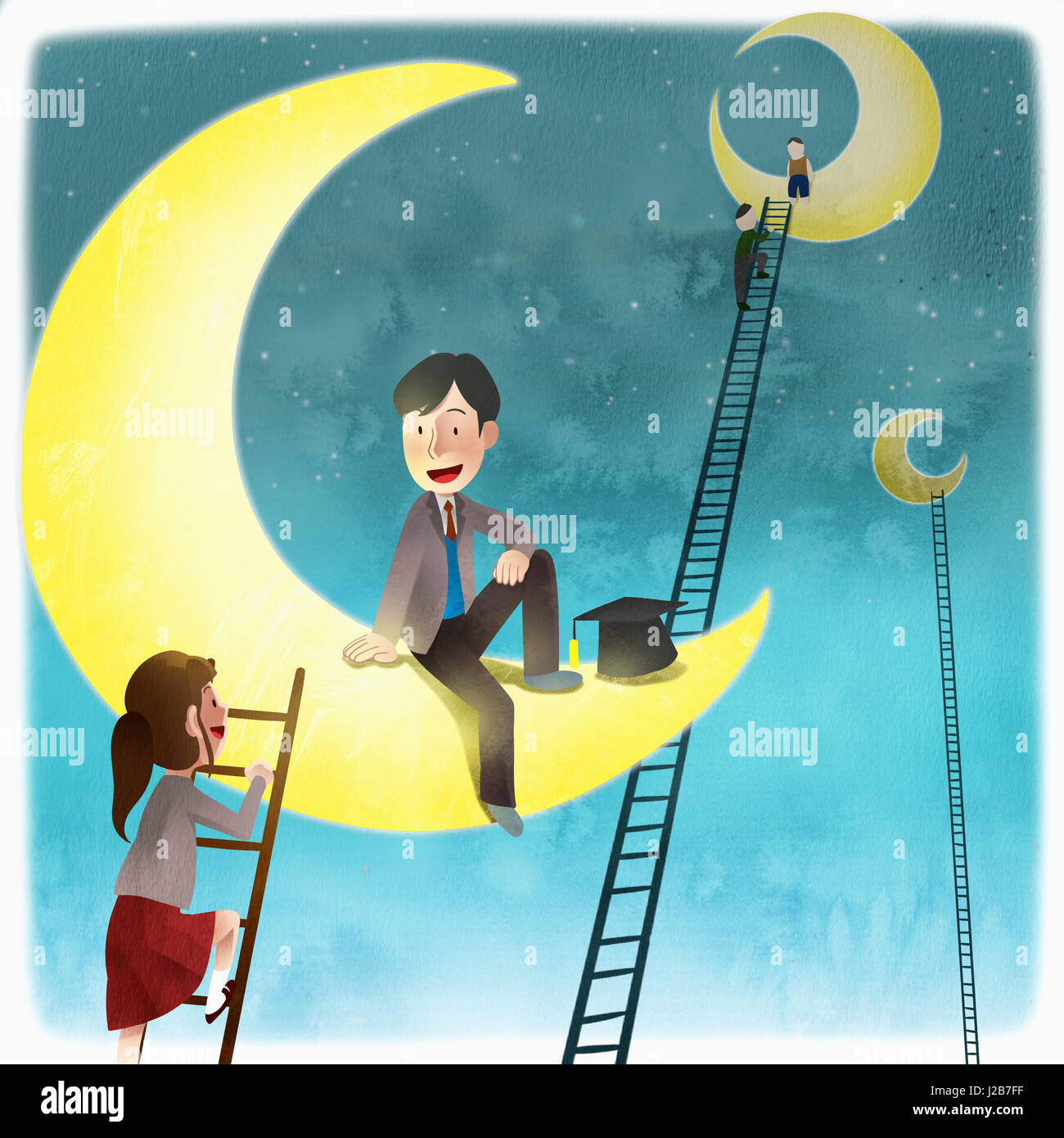 Smiling school students climbing up ladders Stock Photo - Alamy