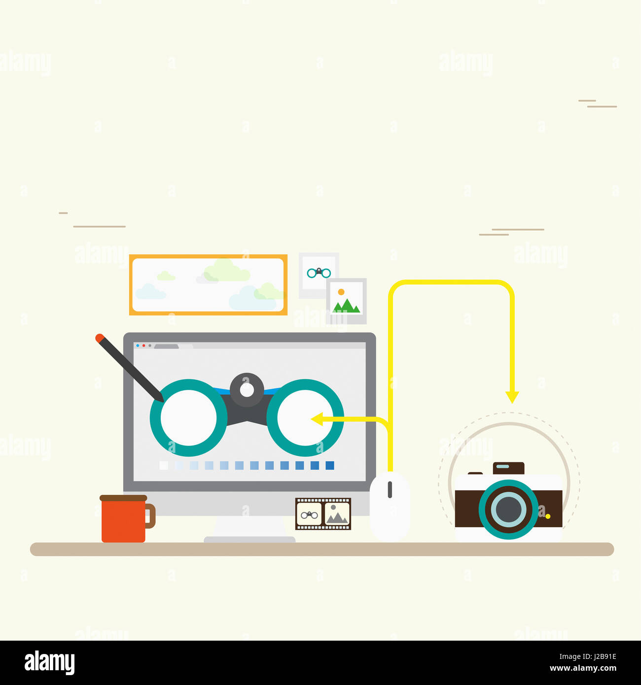 Infographic illustration of computer, camera and binoculars Stock Photo ...