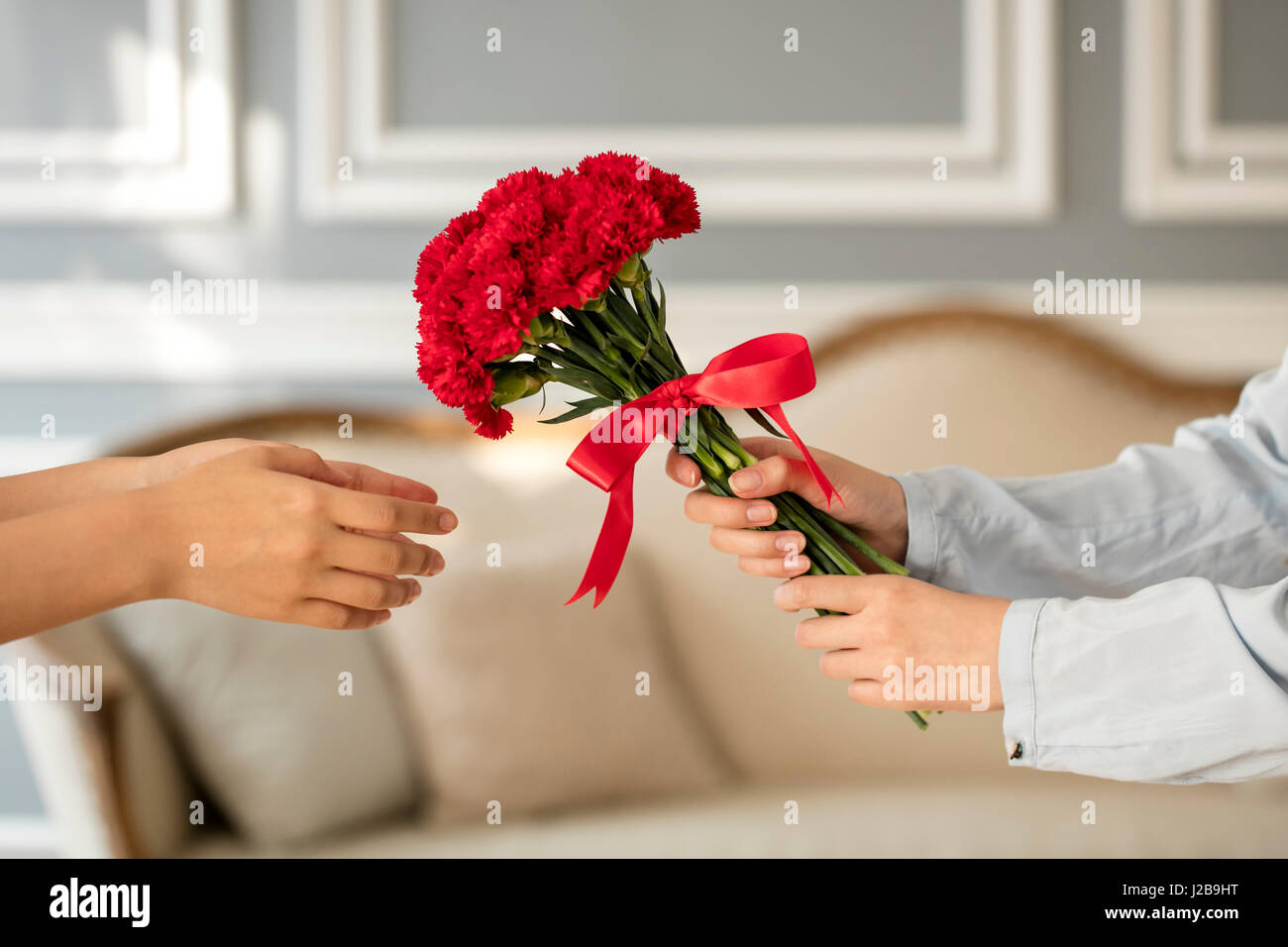 Hands giving and taking carnations Stock Photo - Alamy