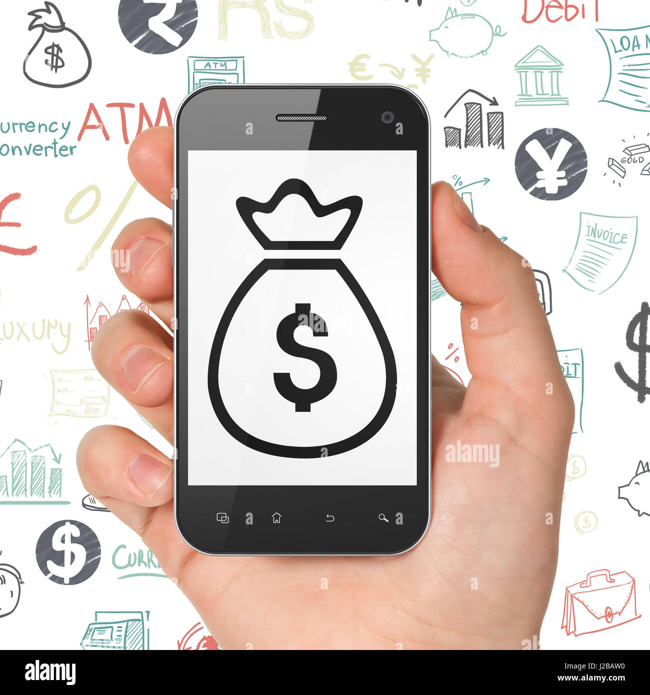 Currency concept: Hand Holding Smartphone with Money Bag on display ...