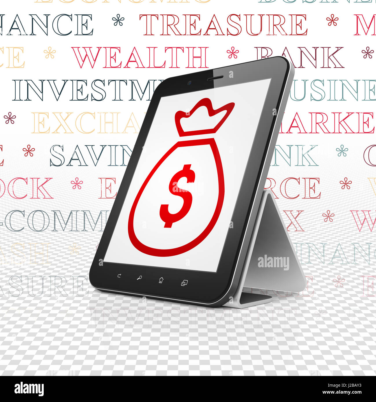 Money concept: Tablet Computer with Money Bag on display Stock Photo ...