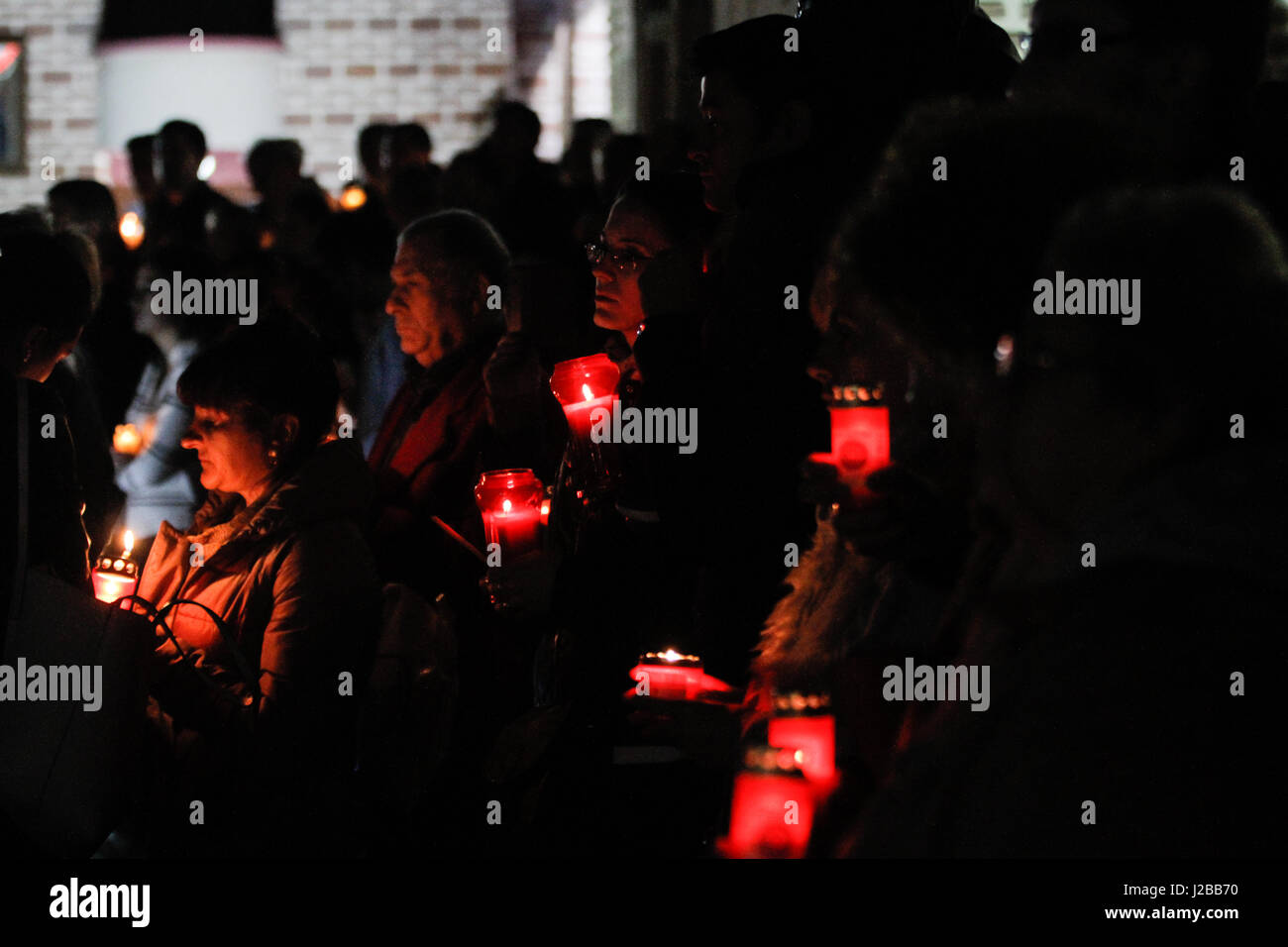 BUCHAREST, ROMANIA, April 30, 2016: Night religious procession for ...