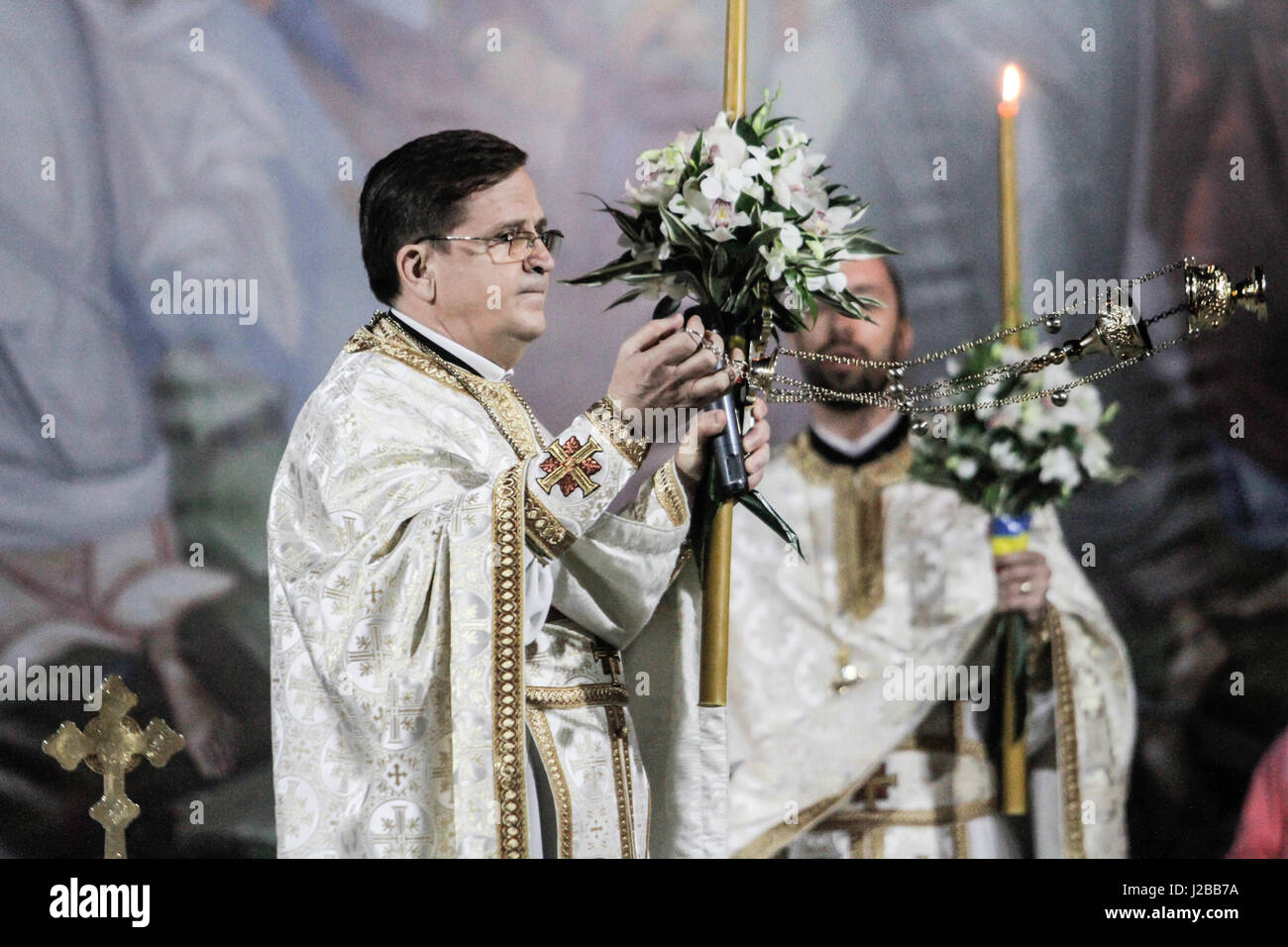 BUCHAREST, ROMANIA, April 30, 2016: Night religious procession for ...