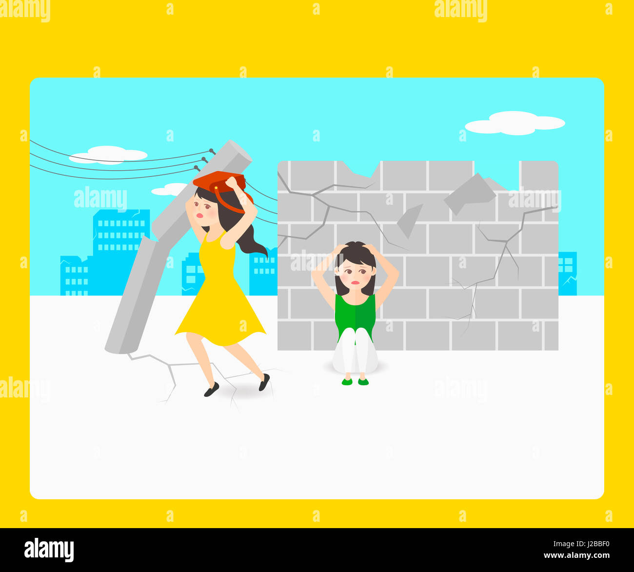 Women covering their heads, earthquakes safety rules Stock Photo - Alamy