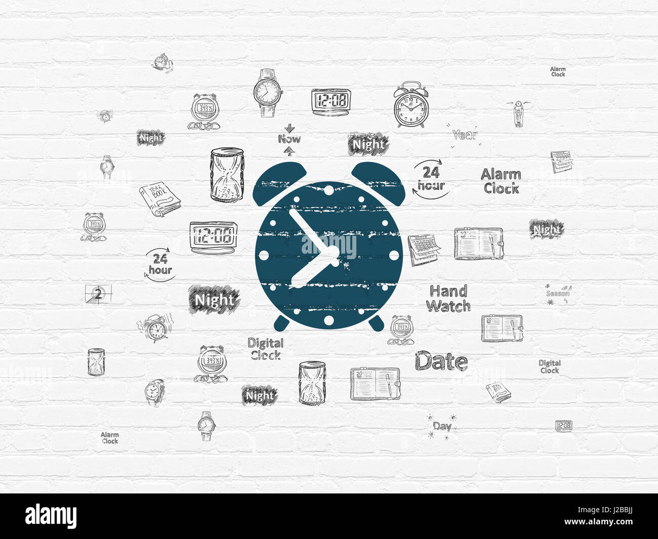 Timeline concept: Alarm Clock on wall background Stock Photo - Alamy