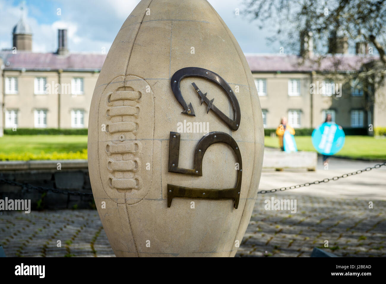 Tuesday 25 April 2017 Pictured: A stone Rugby ball at the University of ...