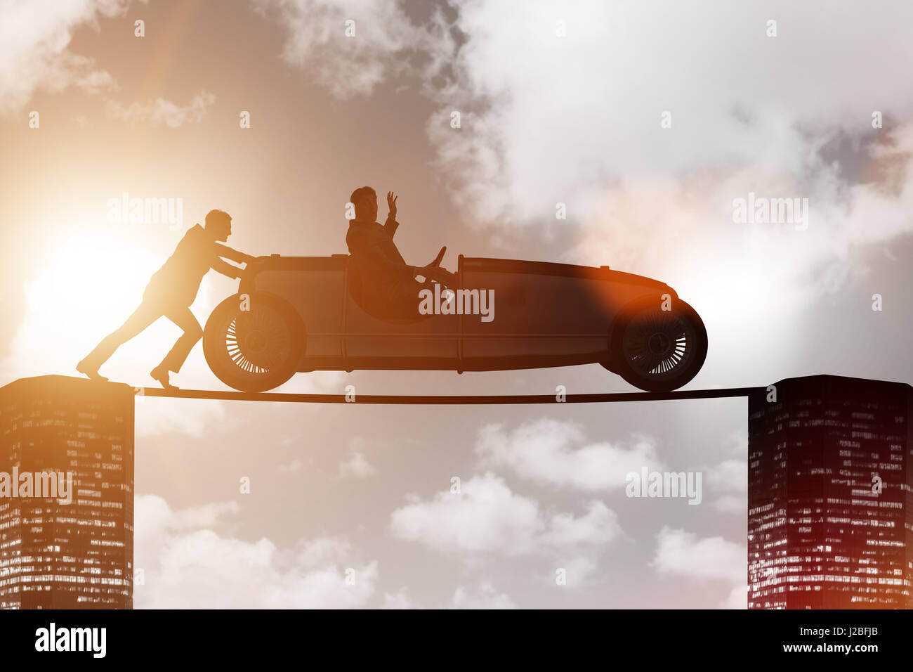 Teamwork concept with businessman pushing car Stock Photo - Alamy