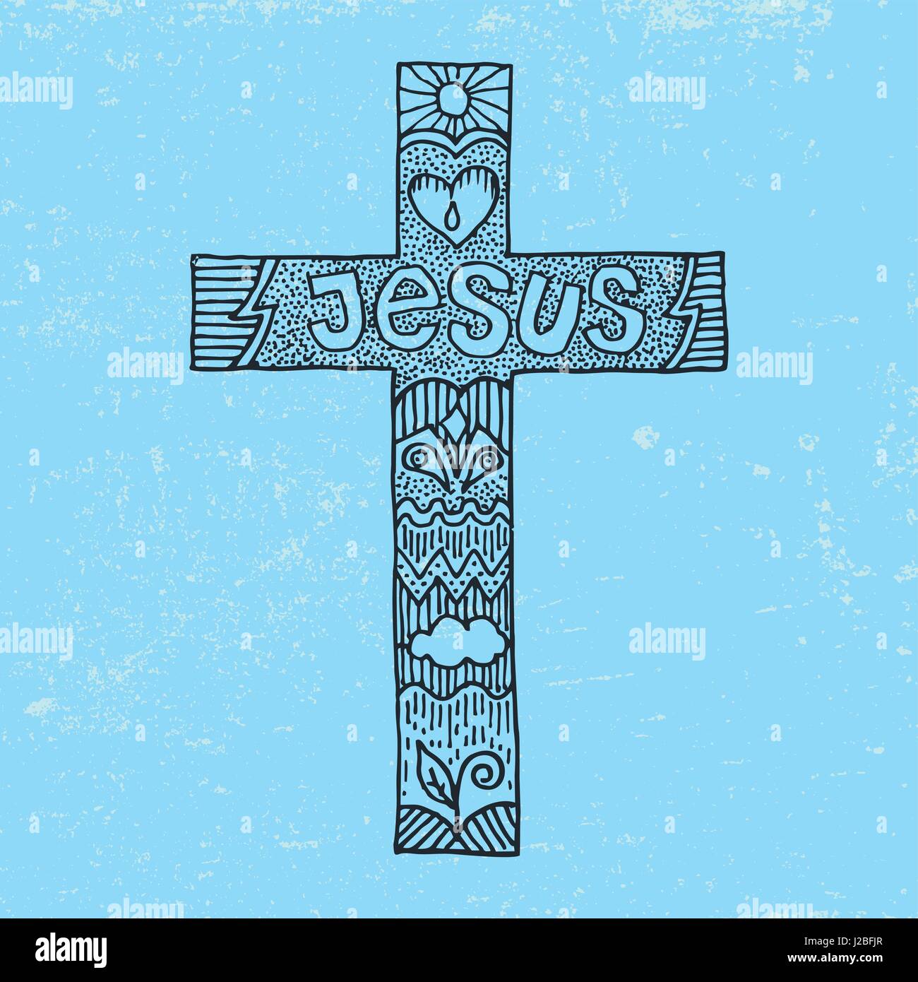 The painted cross of Jesus Christ and the Christian symbols in it Stock ...