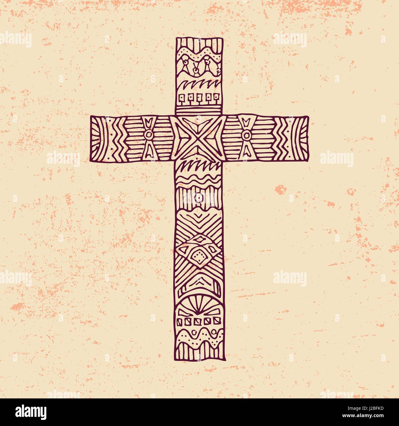 The painted cross of Jesus Christ and the Christian symbols in it Stock ...