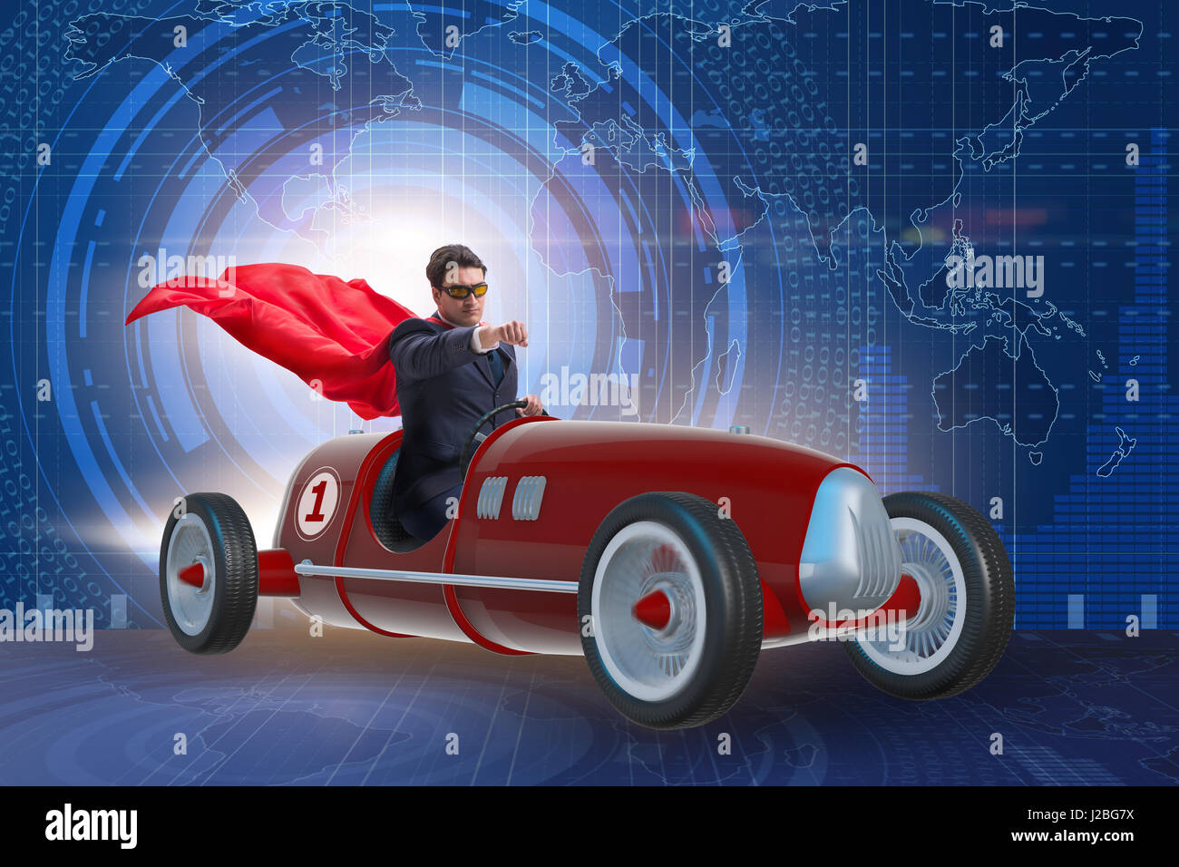 Superhero businessman driving vintage roadster Stock Photo - Alamy