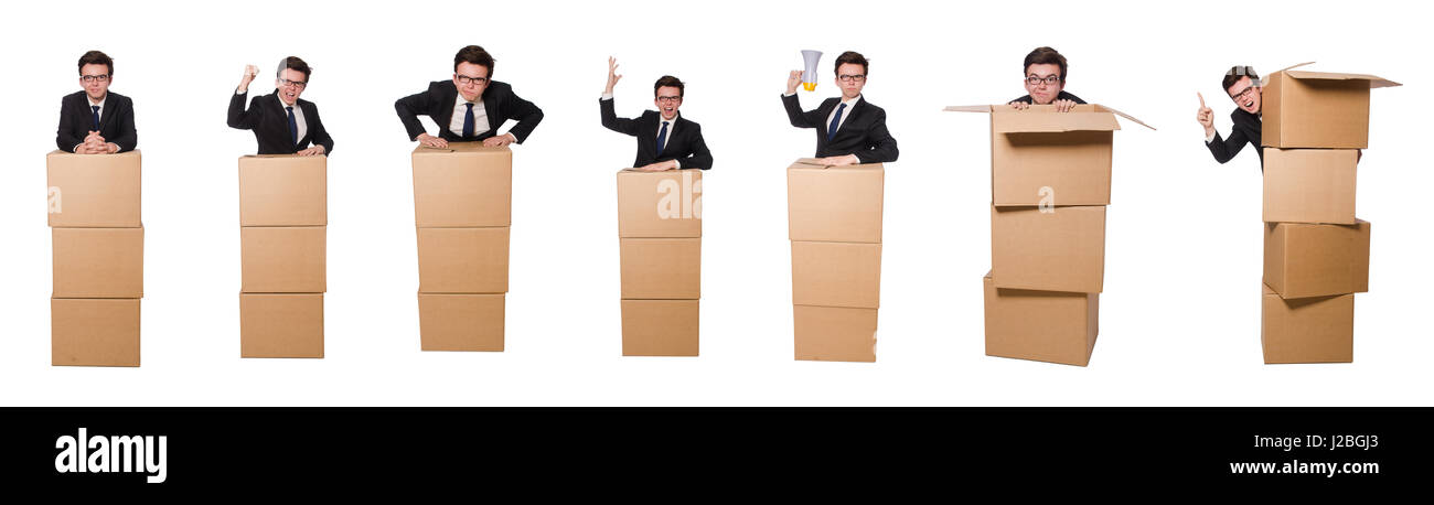 Funny man with boxes isolated on white Stock Photo - Alamy