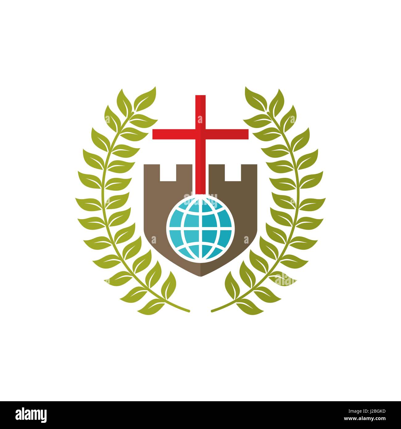 Church Logo Christian Symbols Globe Fortress And Cross Stock Vector